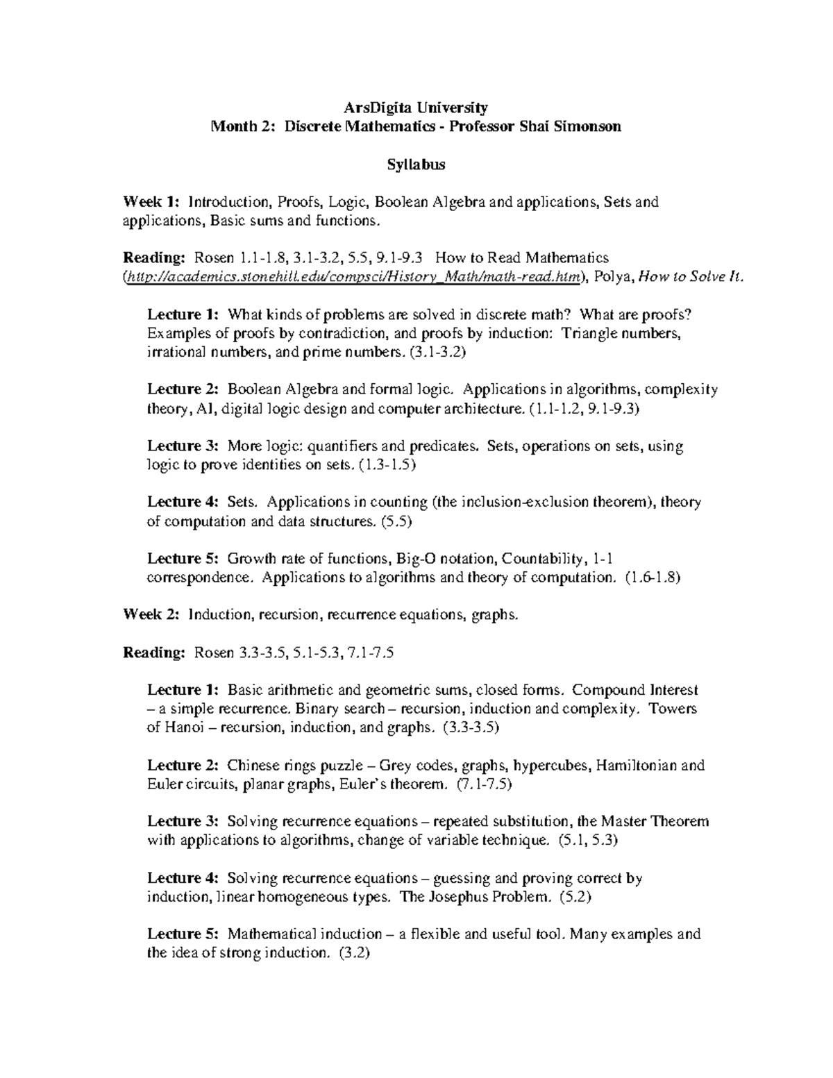 Syllabus - ArsDigita University Month 2: Discrete Mathematics - Professor Shai Simonson Syllabus ...