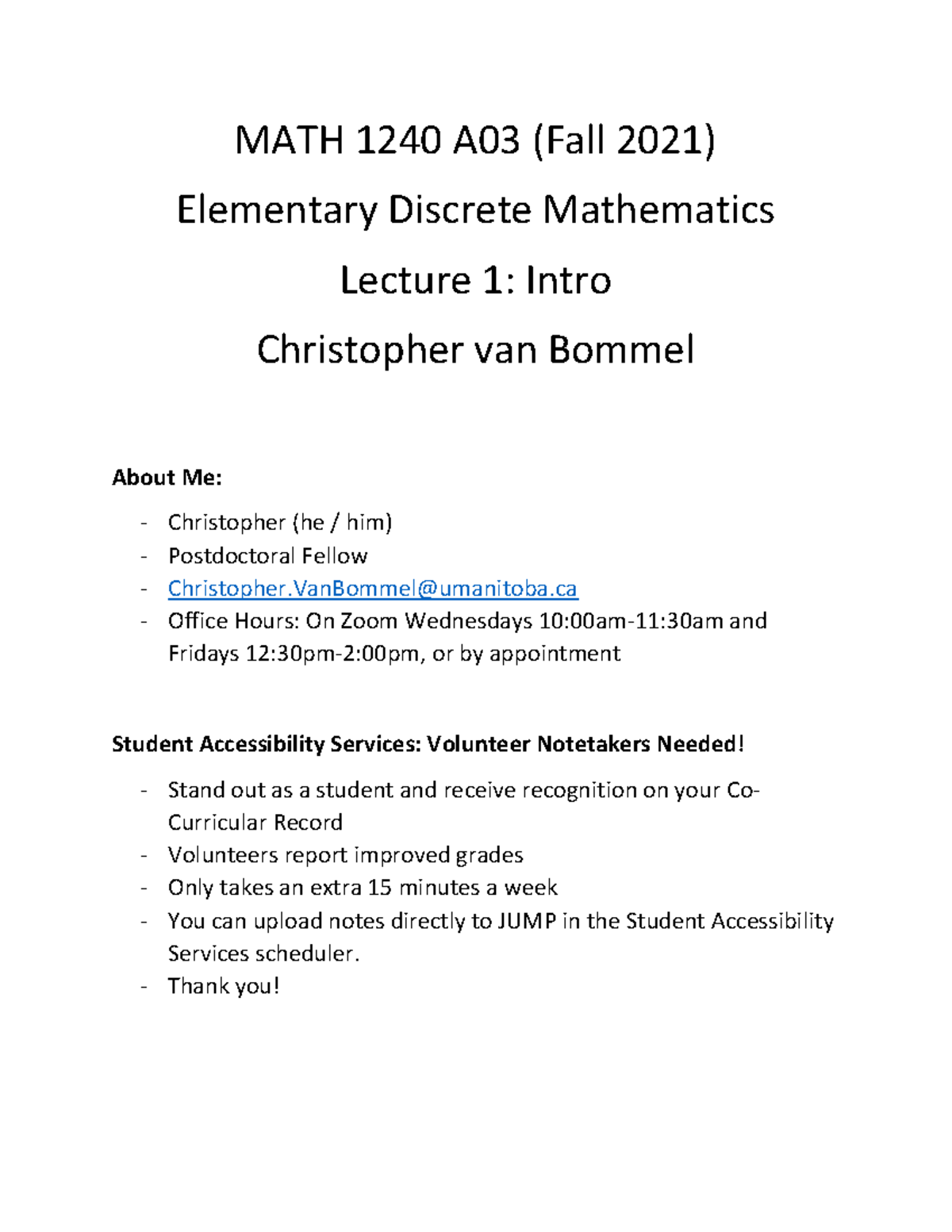 Lecture 1, Fall- 2021 notes Discrete Mathematics - MATH 1240 A03 (Fall ...