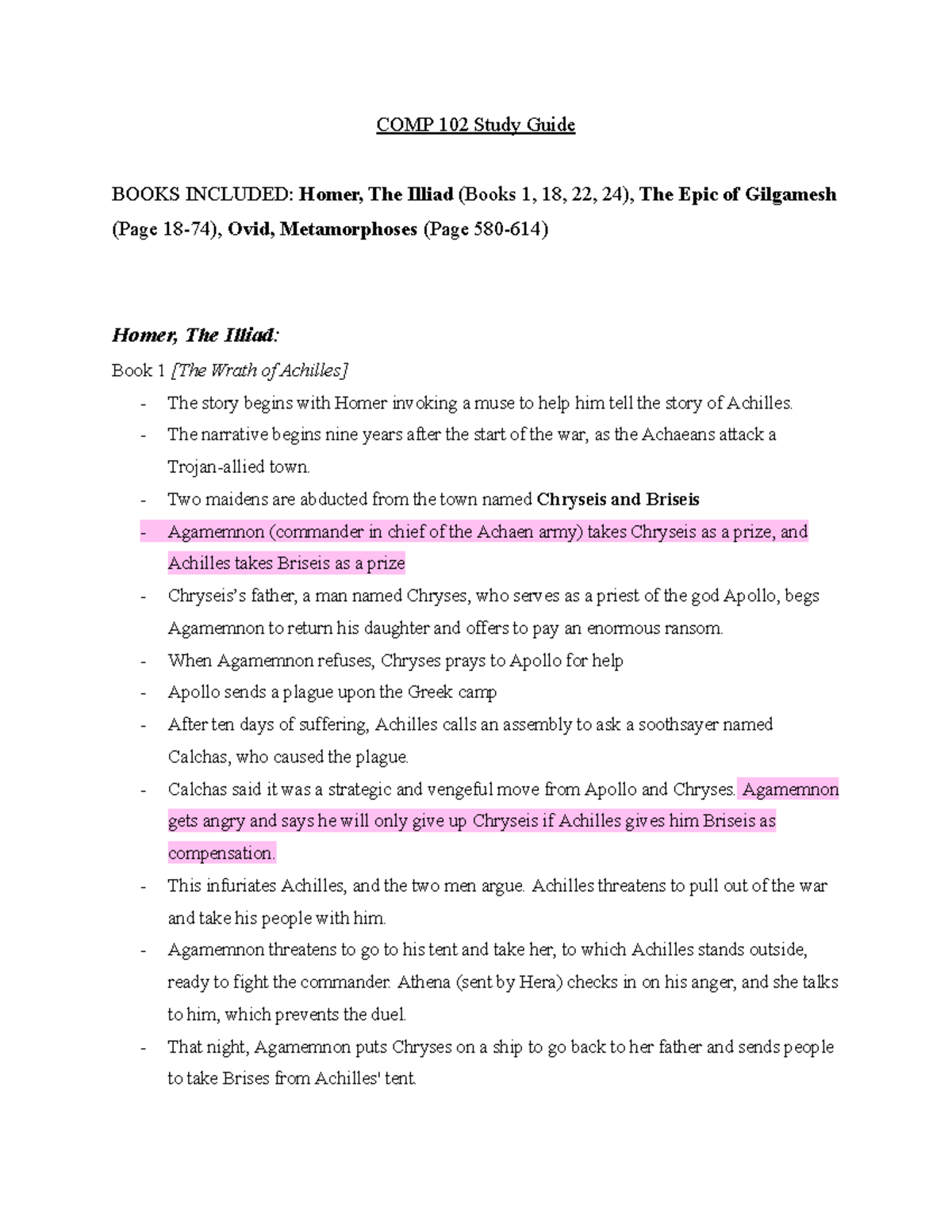 COMP 102 Midterm - COMP 102 Study Guide BOOKS INCLUDED: Homer, The ...