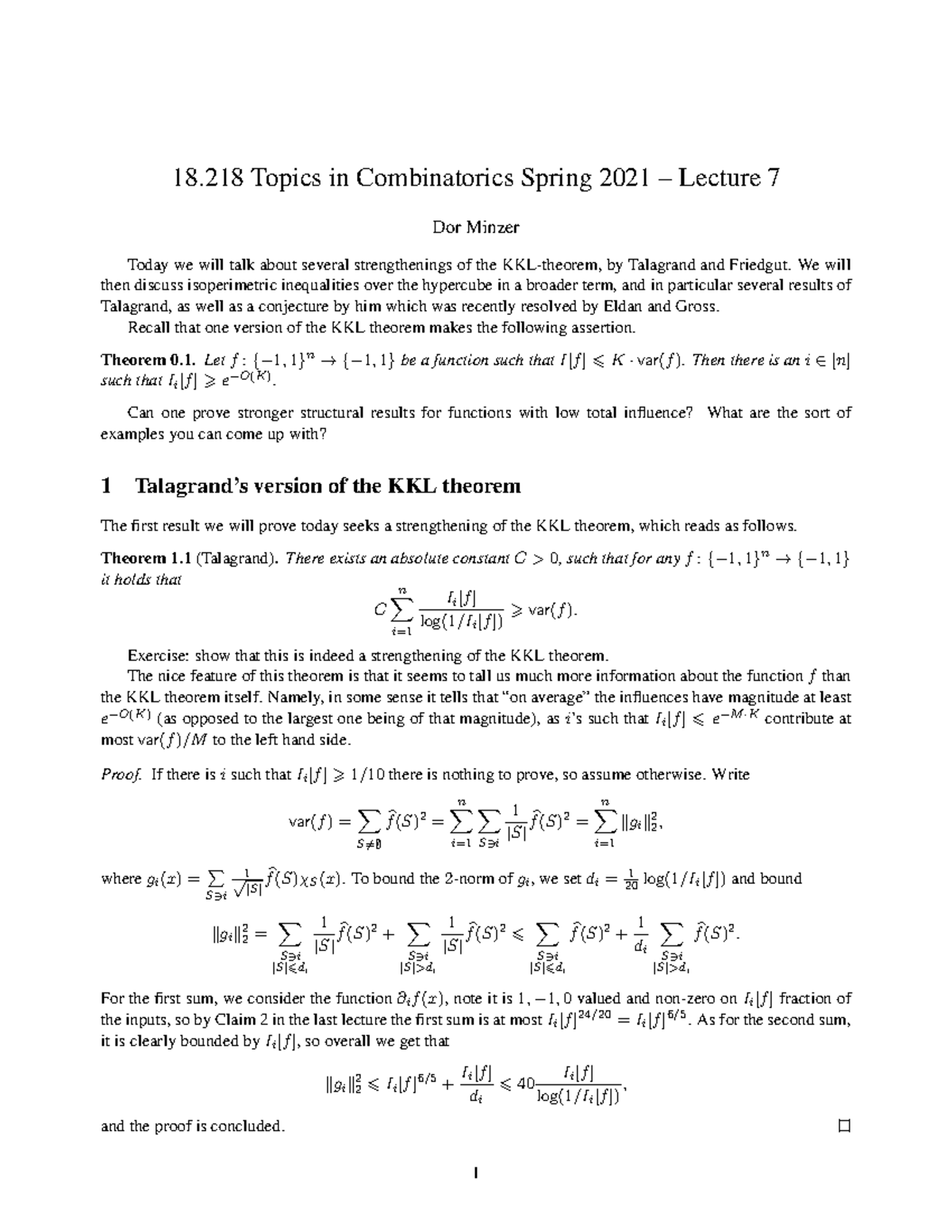 Topics in Combinatorics Lecture 7 - 18 Topics in Combinatorics Spring 2021 – Lecture 7 Dor ...