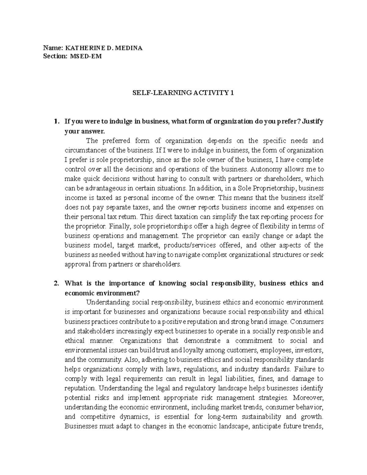 SELF Learning Activity 1 - Name: KATHERINE D. MEDINA Section: MSED-EM ...