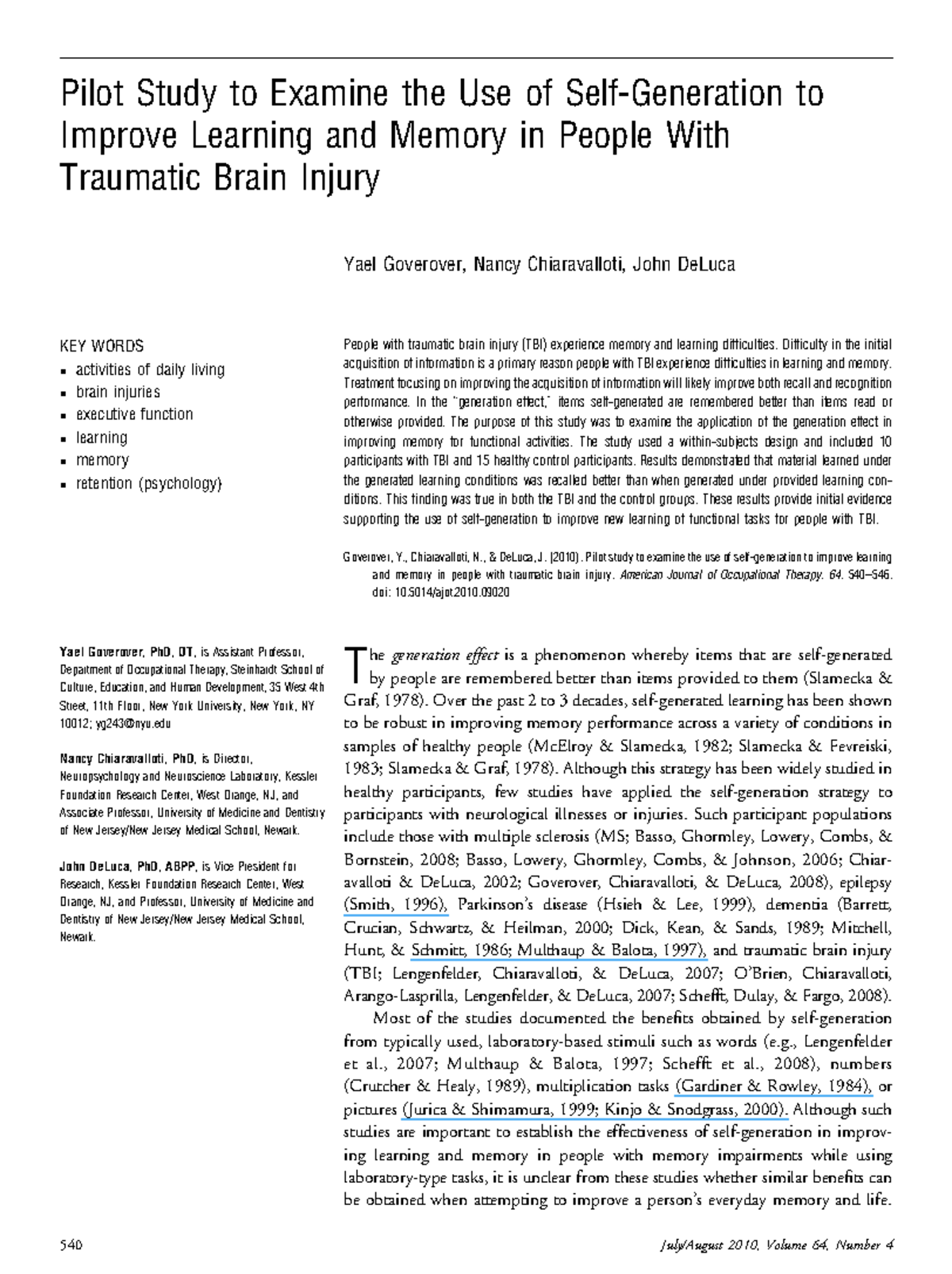 Goveover. (2009 ). Pilot Study to Examine the Use of Self-Generation to ...