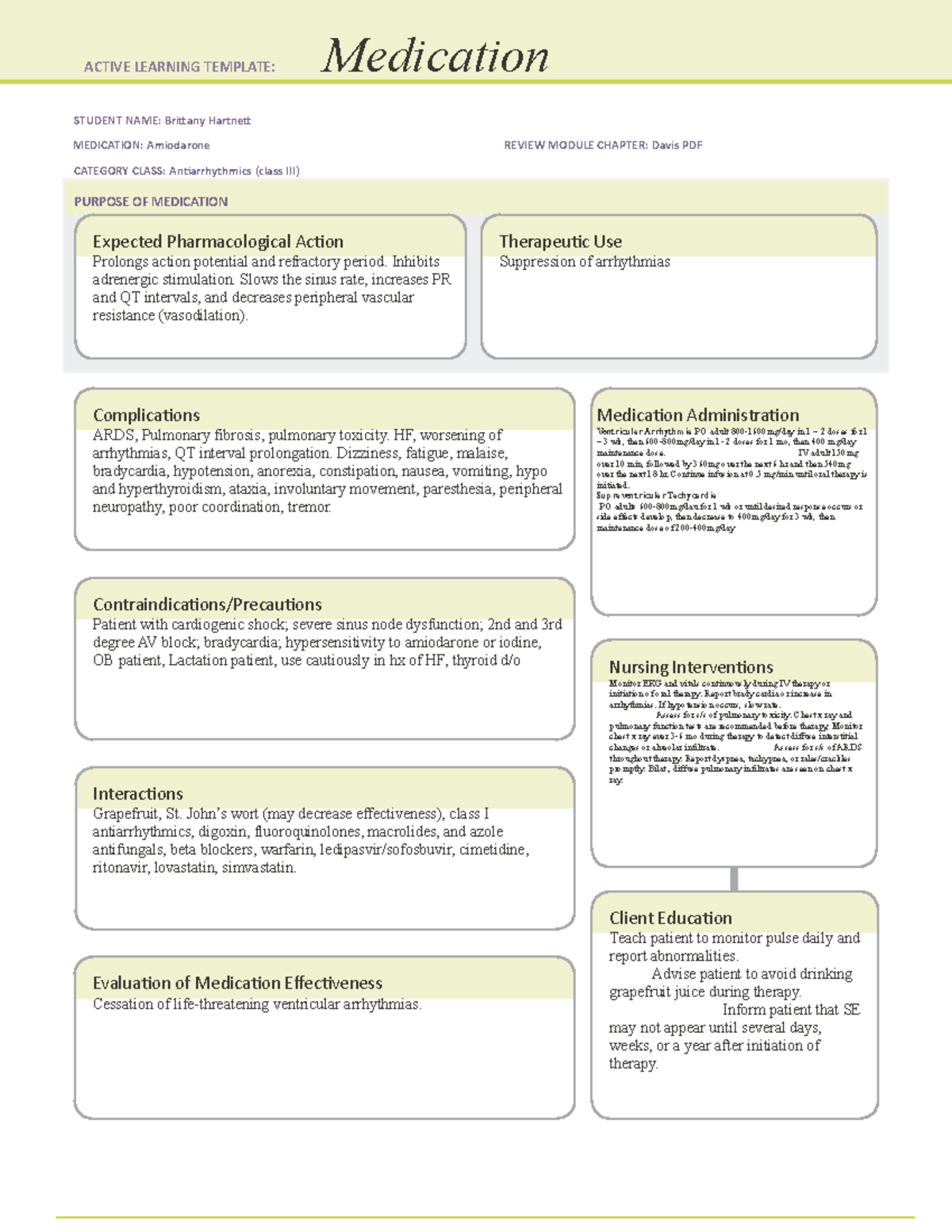 Amiodarone meedication care - STUDENT NAME: Brittany Hartnett ...