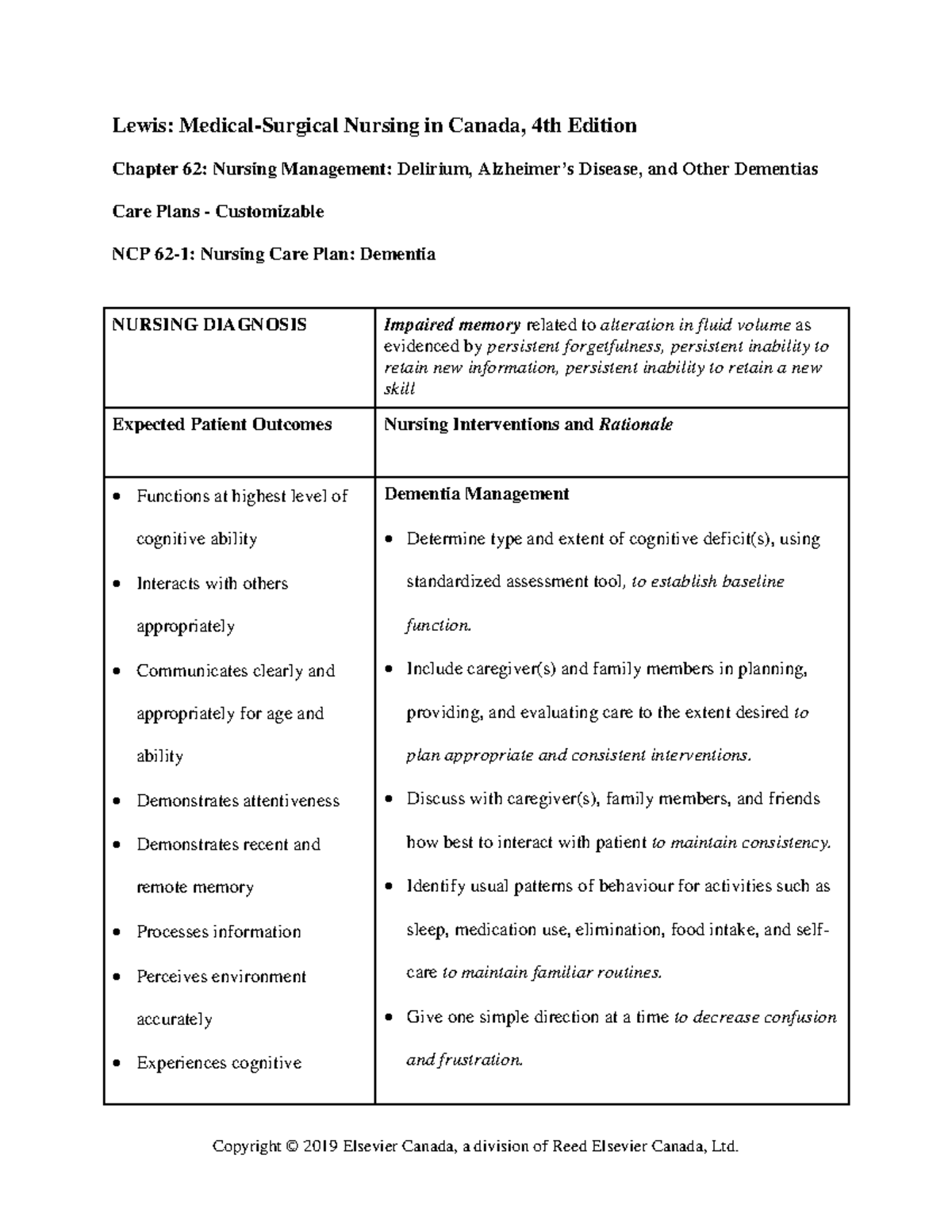 NCP Chapter 62 - NURSING CARE PLAN - Lewis: Medical-Surgical Nursing in ...