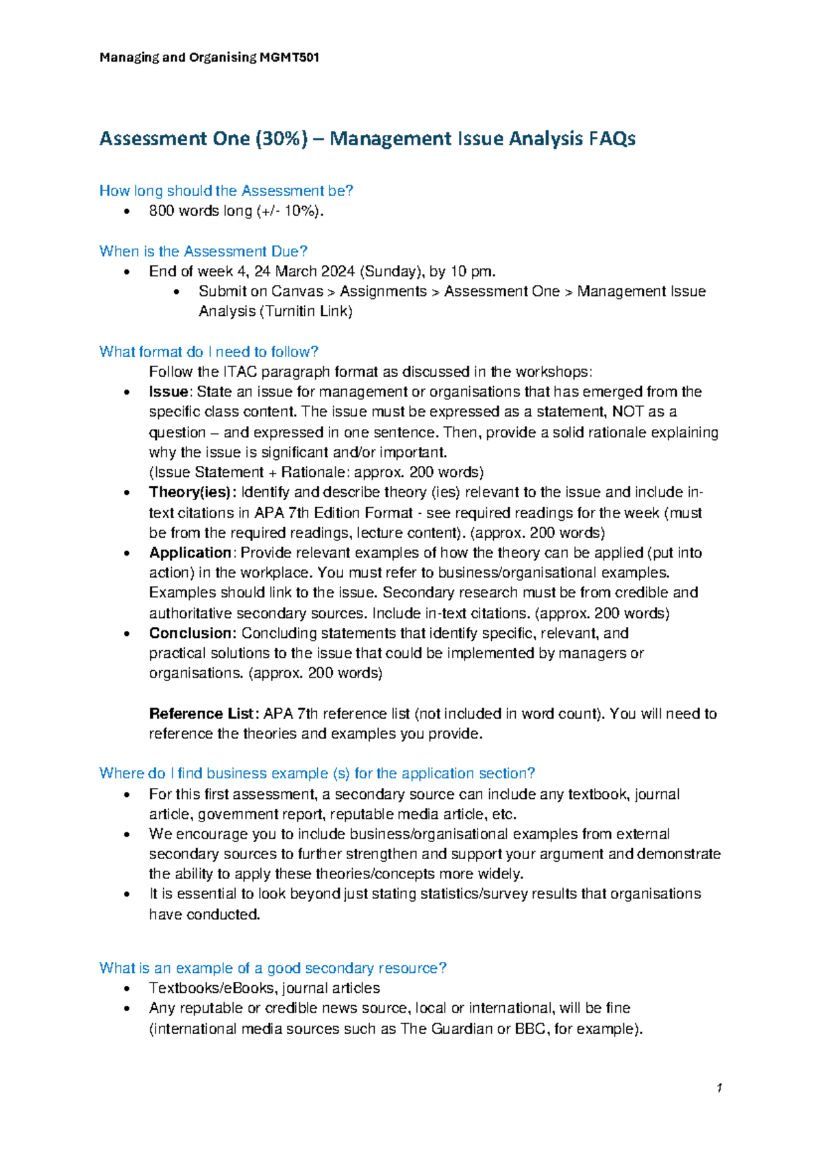 FAQ Assessment One MGMT501 - Managing and Organising MGMT 1 Assessment ...