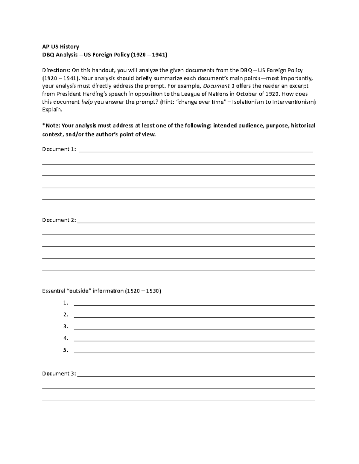 DBQ Analysis - Foreign Policy 1920 - 1941-1 - AP US History DBQ ...