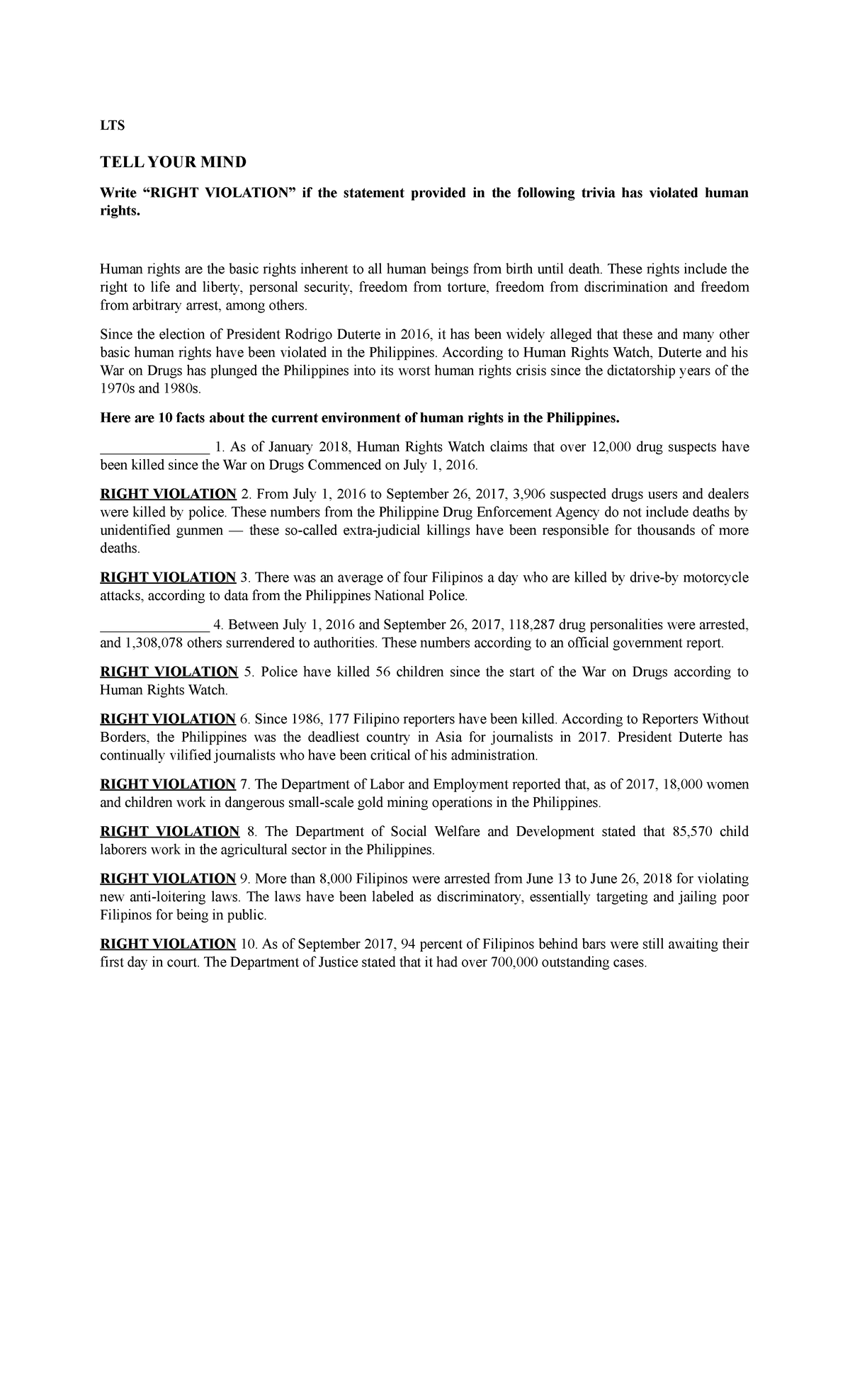 LTS 2 - LTS - ACTIVITY - LTS TELL YOUR MIND Write “RIGHT VIOLATION” if ...