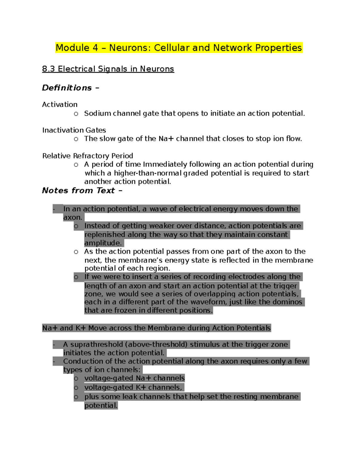 Module 4 - notes - Module 4 – Neurons: Cellular and Network Properties ...