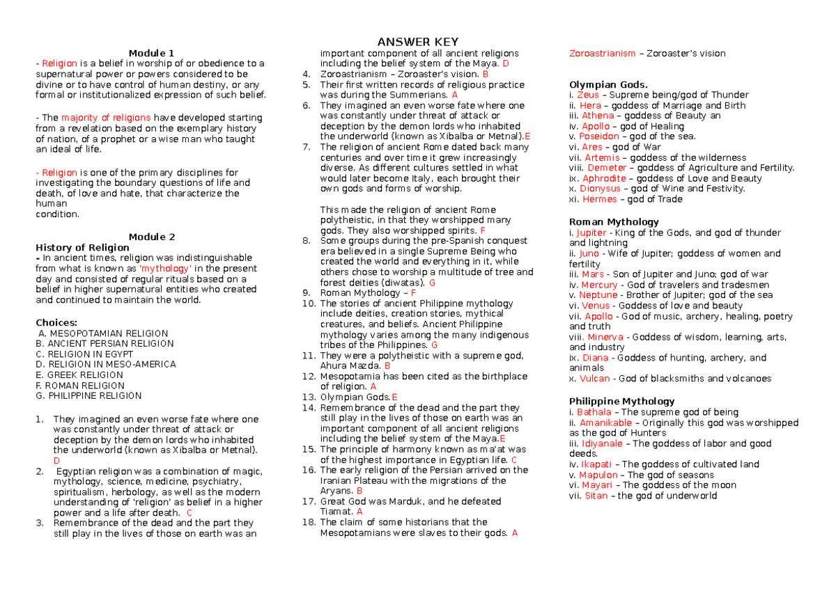 Module 1 half 2 Answer KEY - ANSWER KEY Module 1 Religion is a belief ...