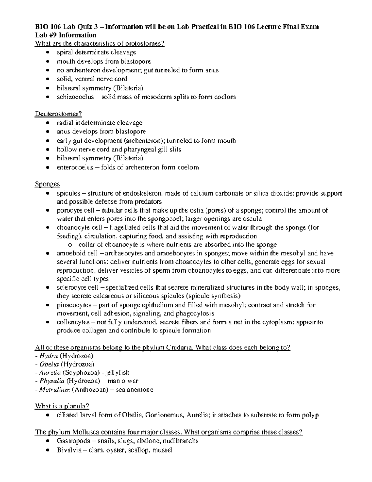 Quiz 3 Study Guide (filled out) - BIO 106 Lab Quiz 3 – Information will ...