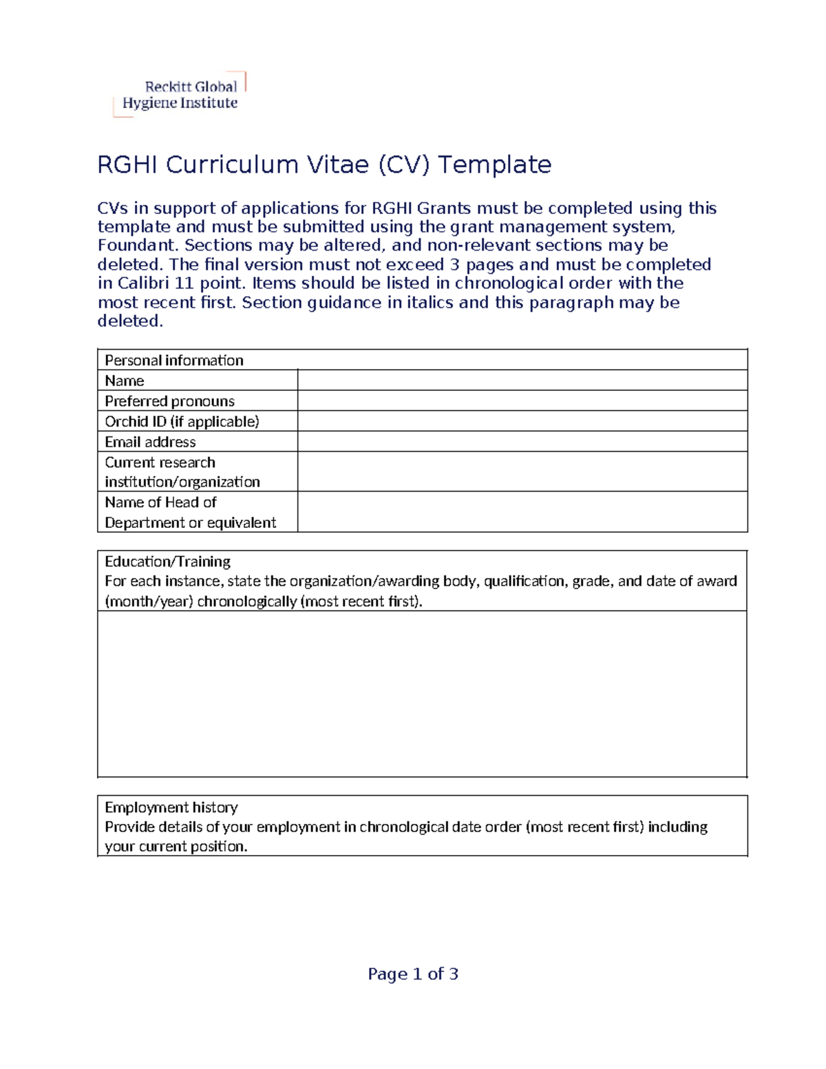 RGHI Collaboration Accelerator Award CV Template - RGHI Curriculum ...