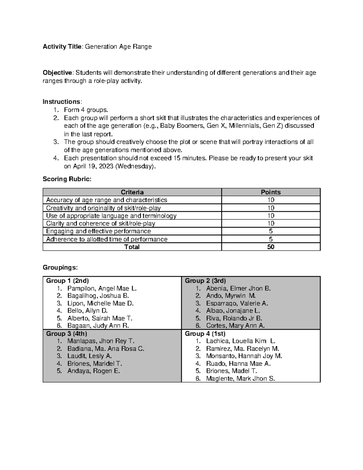 Generation Age Range Activity - Activity Title: Generation Age Range ...