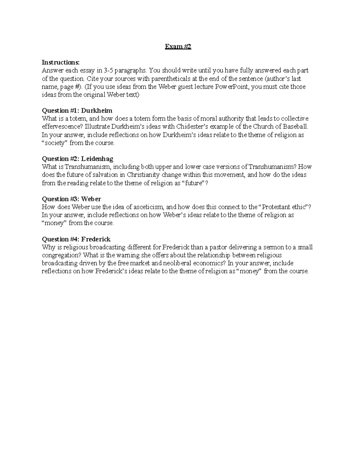 Exam #2 - WABR F22 - Relgions - Exam # Instructions: Answer each essay ...