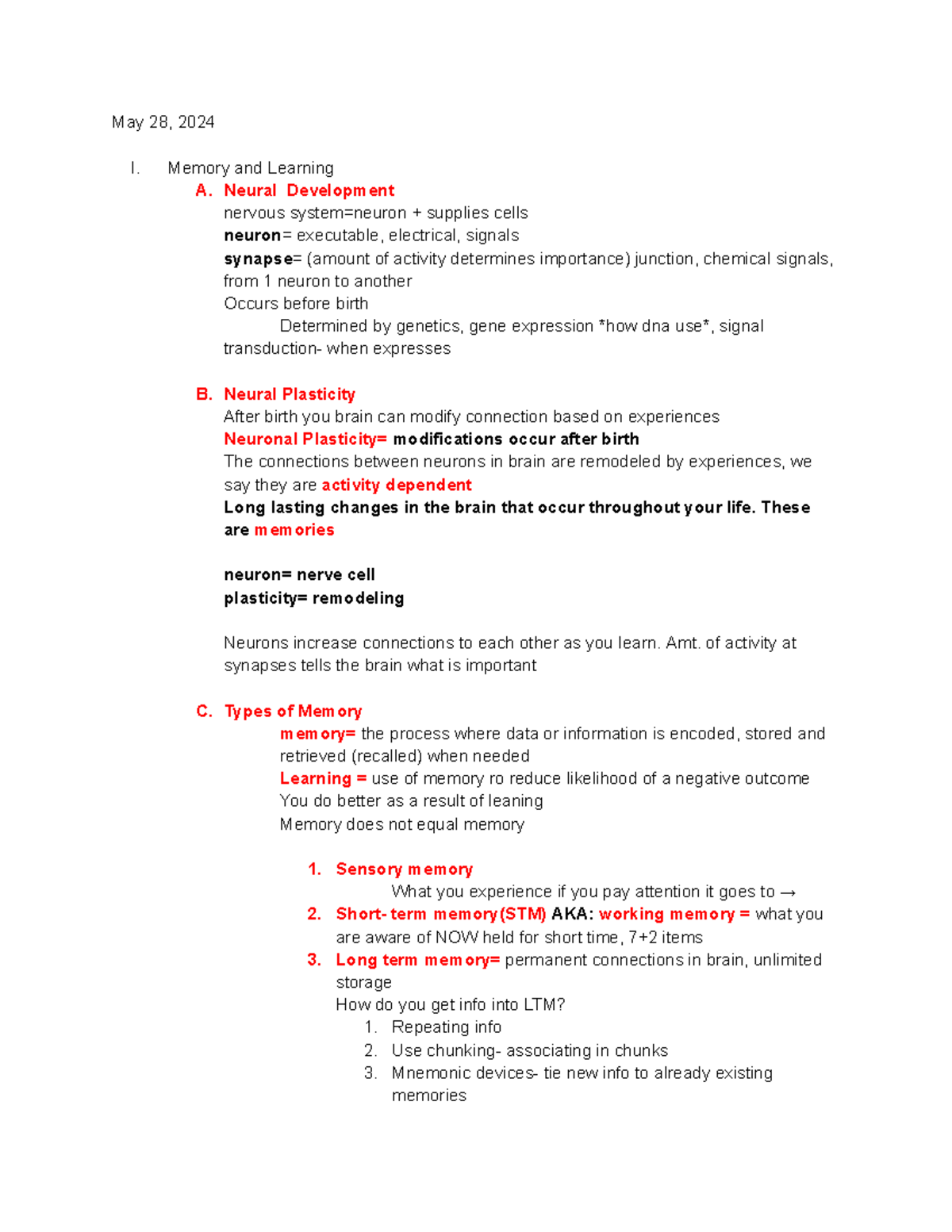 Summer Bio I Notes Part 1 - May 28, 2024 I. Memory and Learning A ...