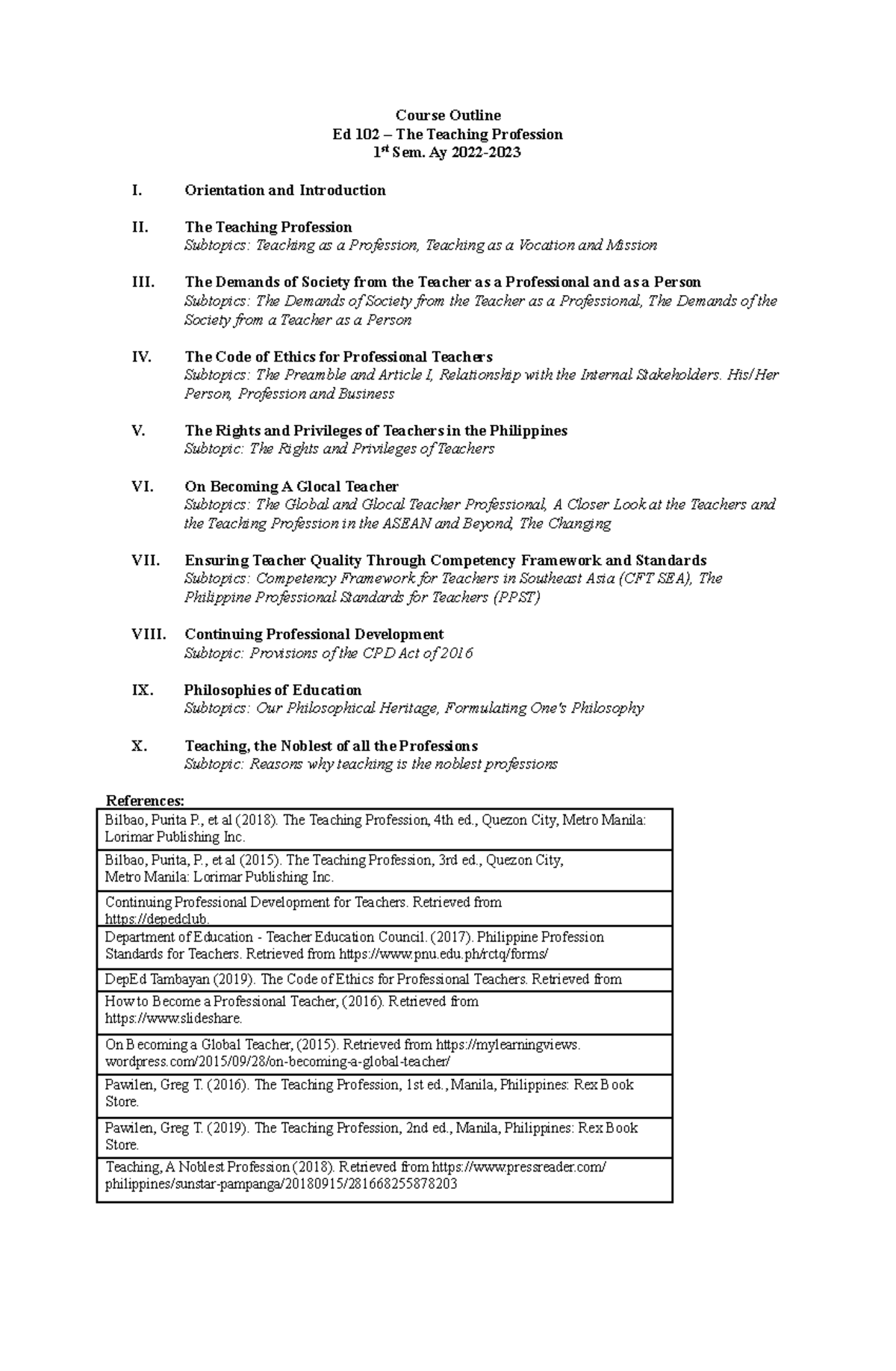 Course Outline Ed 102 - Ay 2022- I. Orientation and Introduction II ...