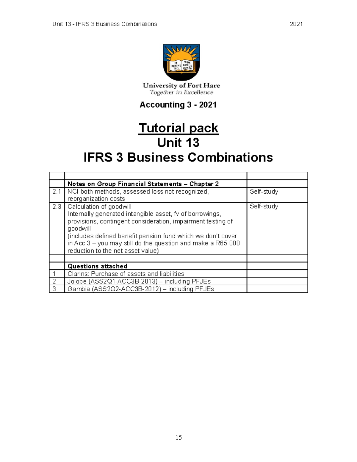 Unit 13 - Business Combinations Tut pack - ACC300 - UFH - Studocu