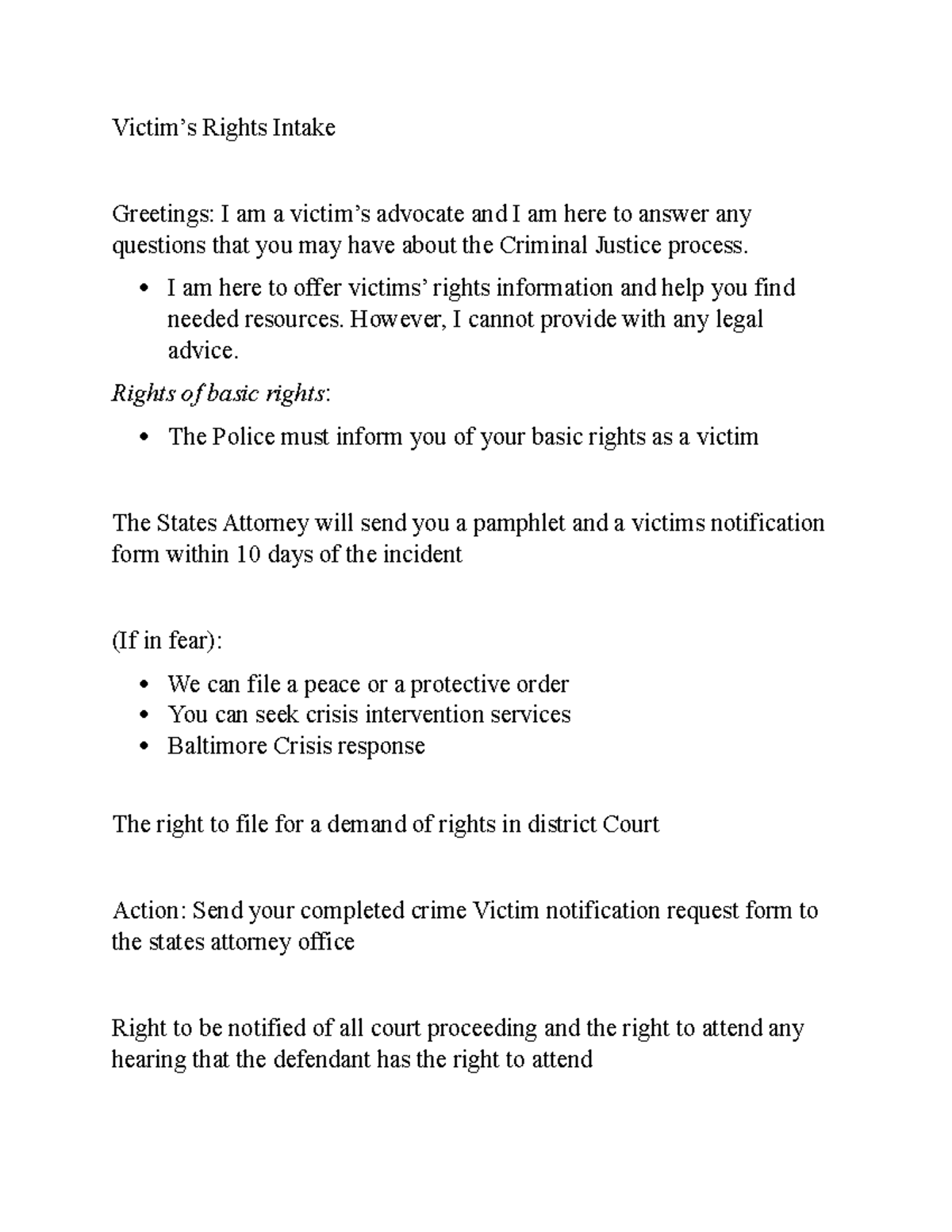 Victim rights intake - Victim’s Rights Intake Greetings: I am a victim ...