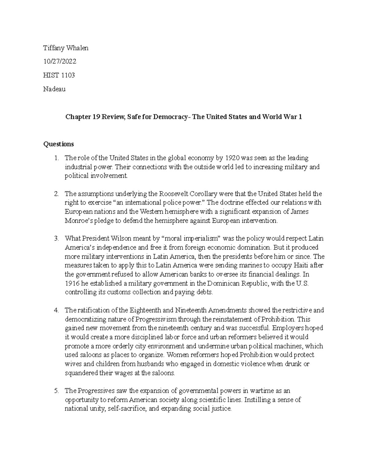 HIST 1103- Chapter 19 Review - Tiffany Whalen 10/27/ HIST 1103 Nadeau ...