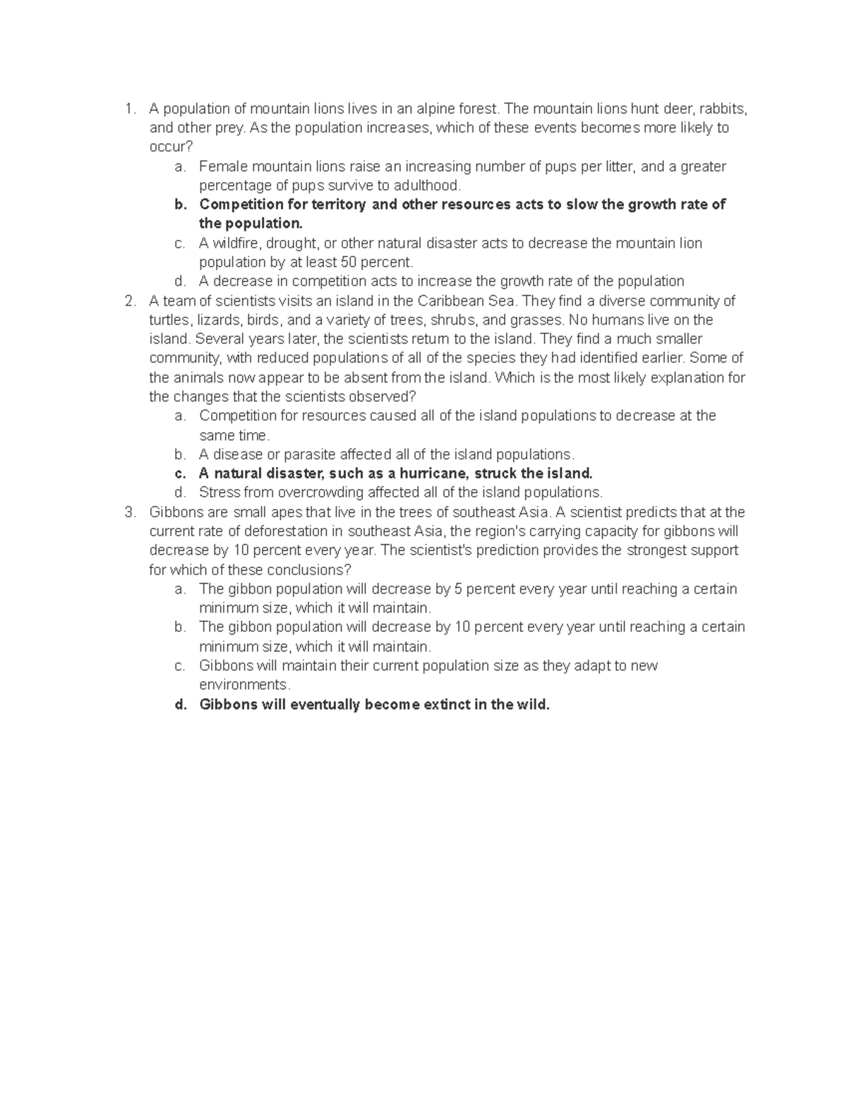 Review Questions #2 - A population of mountain lions lives in an alpine ...