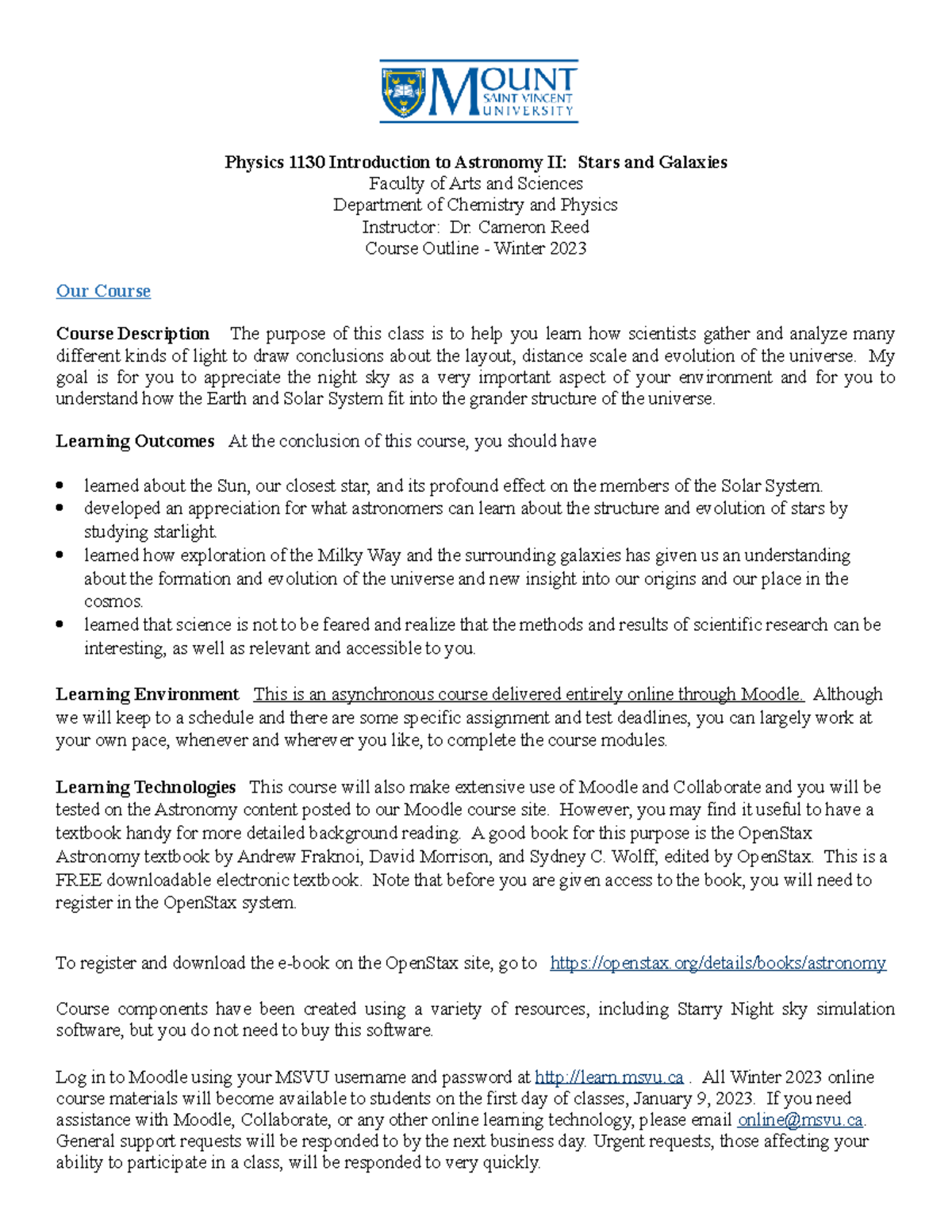 Phys1130Course Outline Winter 2023 - Physics 1130 Introduction to ...