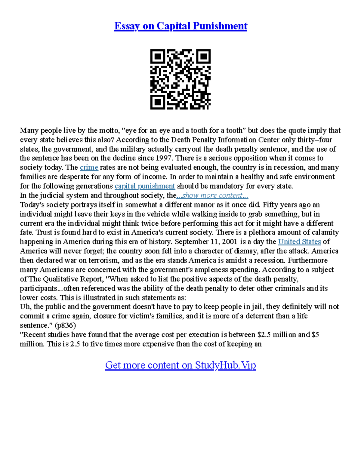 Essays On Capital Punishment - Essay on Capital Punishment Many people ...