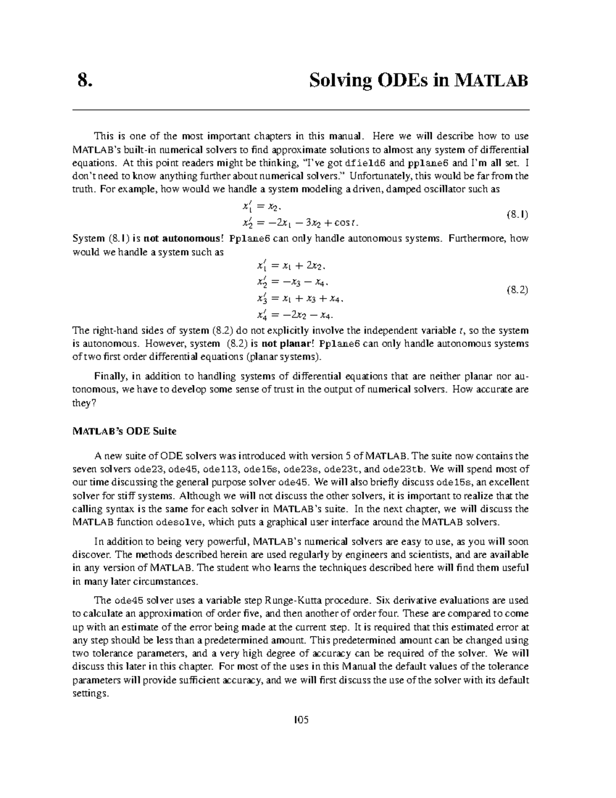 Cap8 Polking Solving Odes 8 Solving Odes In Matlab This Is One Of The Most Important Chapters