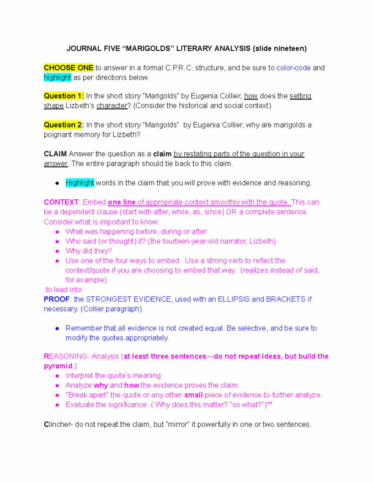 Journal Five Marigolds Literary Analysis C.P.R.C - JOURNAL FIVE ...