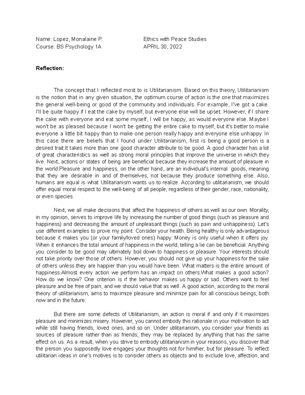 Ethics with Peace Studies- Utilitarianism - Name: Lopez, Monalaine P ...