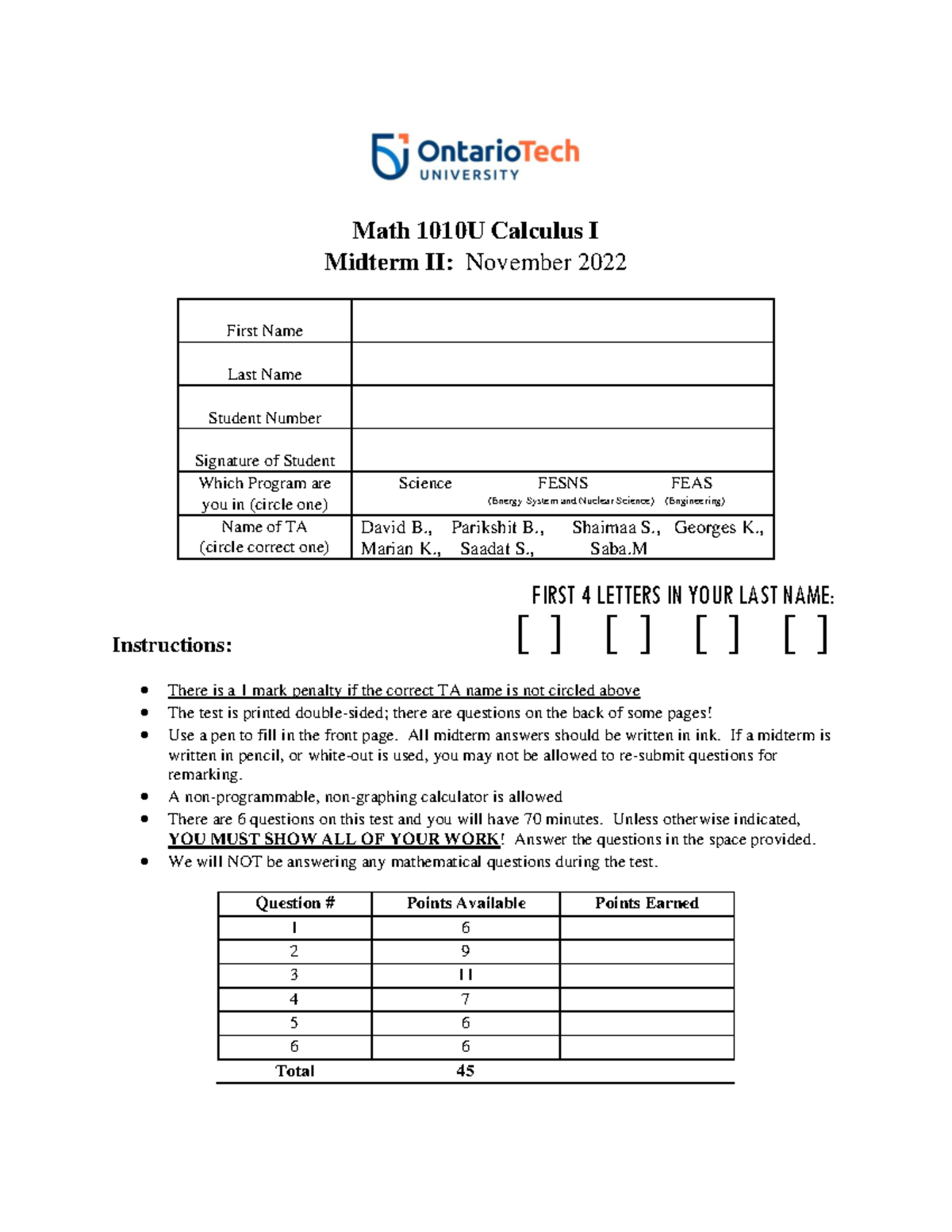 Midterm 2 Green(2022)Solnew - Math 1010U Calculus I Midterm II: November 2022 First Name Last ...