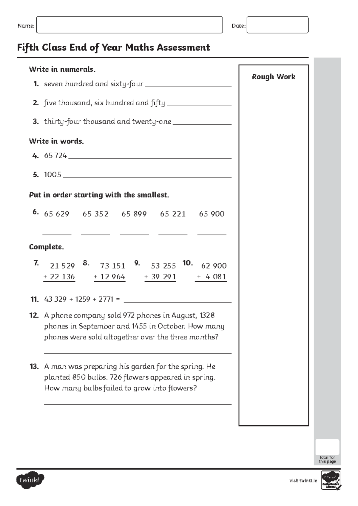 Yr 5 exam maths - easier - Fifth Class End of Year Maths Assessment ...