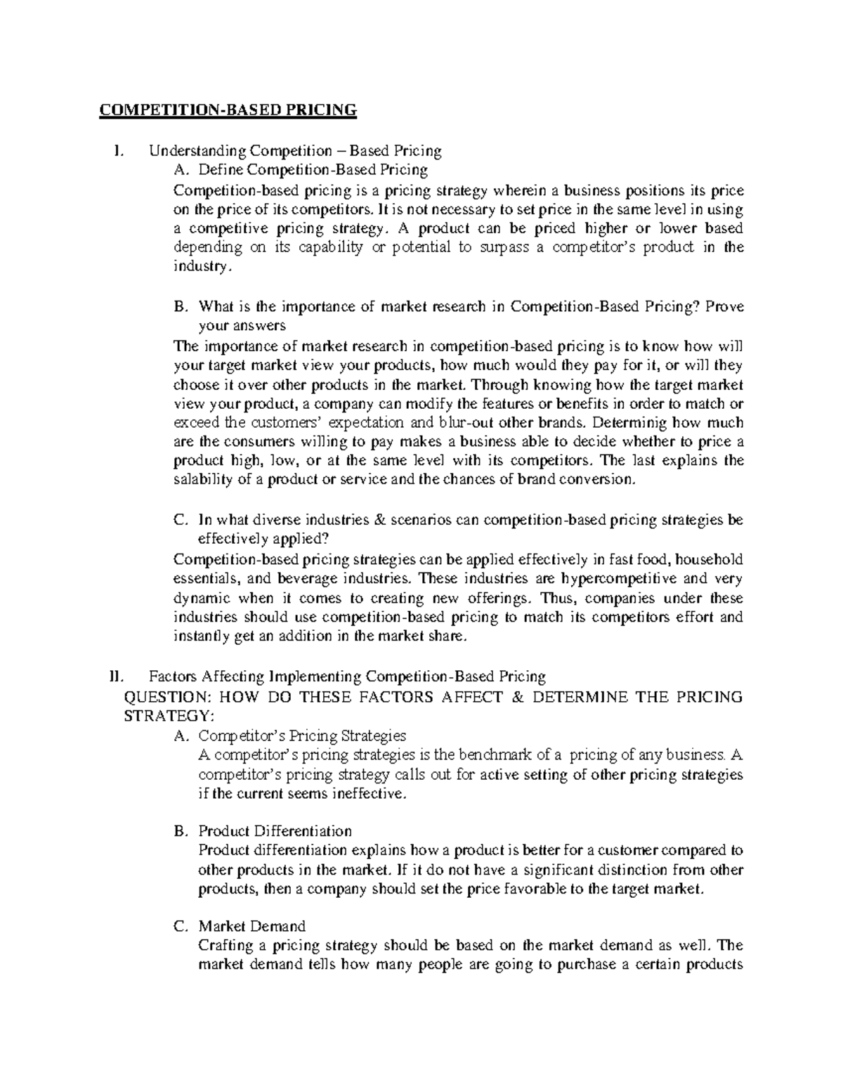 Competition Based Pricing - COMPETITION-BASED PRICING I. Understanding ...