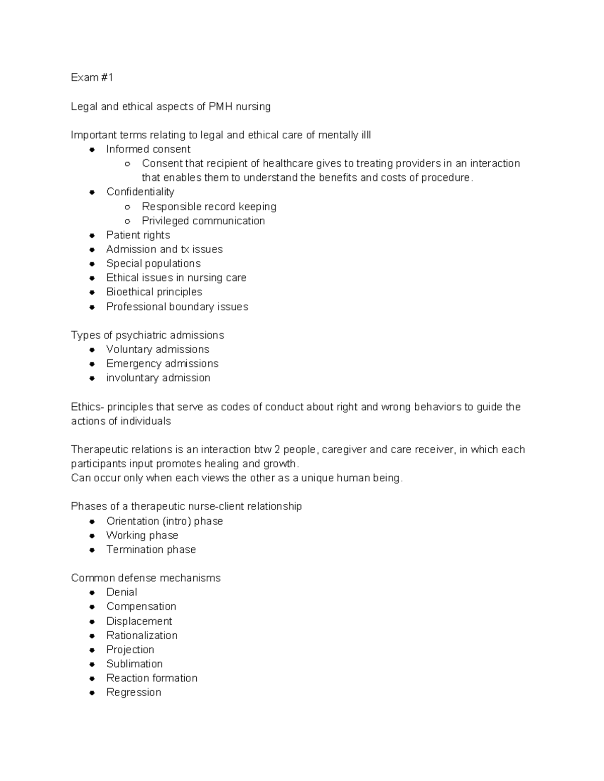 Exam #1 - notes - Exam # Legal and ethical aspects of PMH nursing ...
