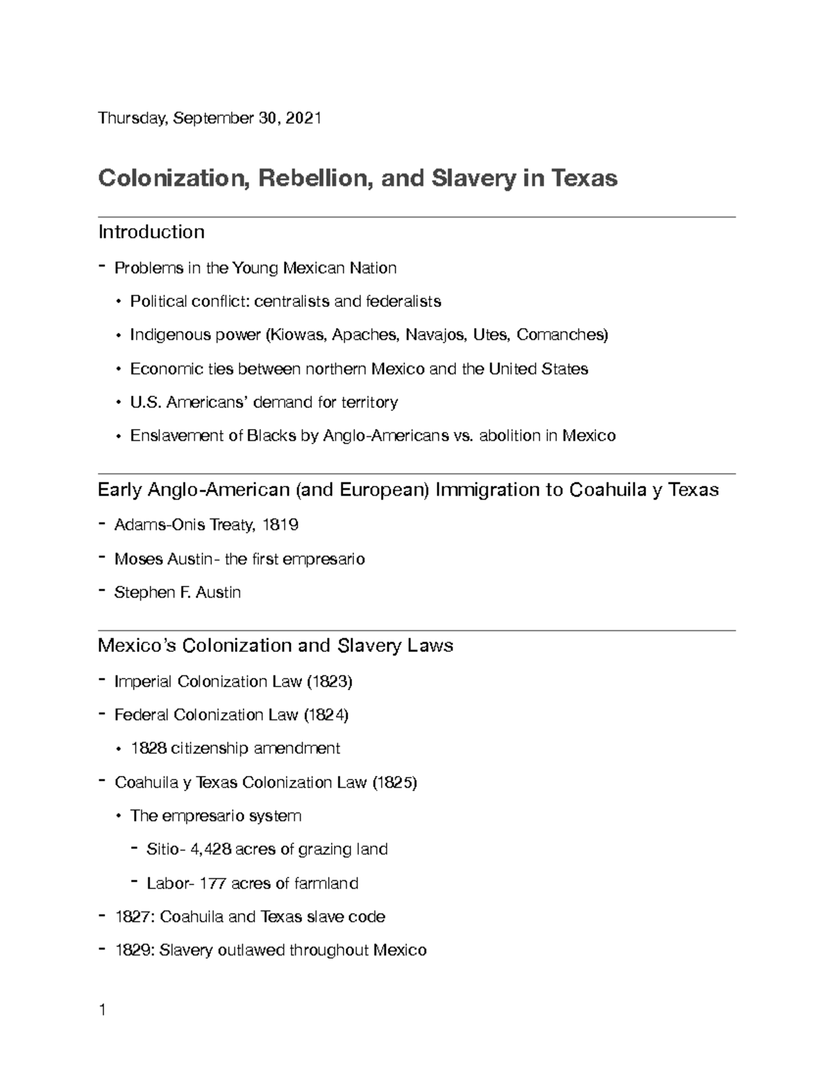 Colonization, Rebellion and Slavery in Texas - Thursday, September 30 ...