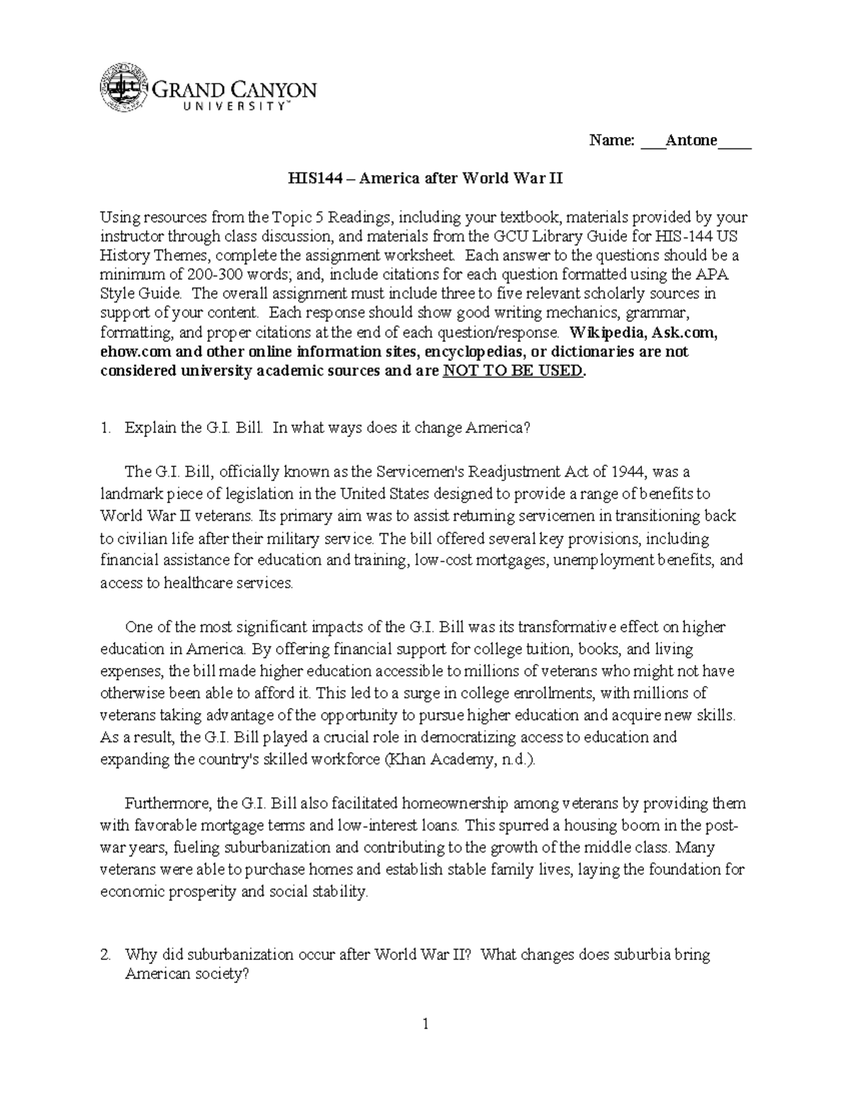 HIS-144 America after WWII - Name: Antone_ HIS144 – America after World ...