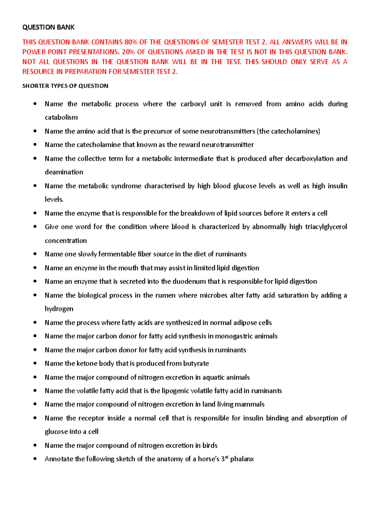 Question BANK 2022 - ANIP3714 anatomy and physiology of farm animals ...