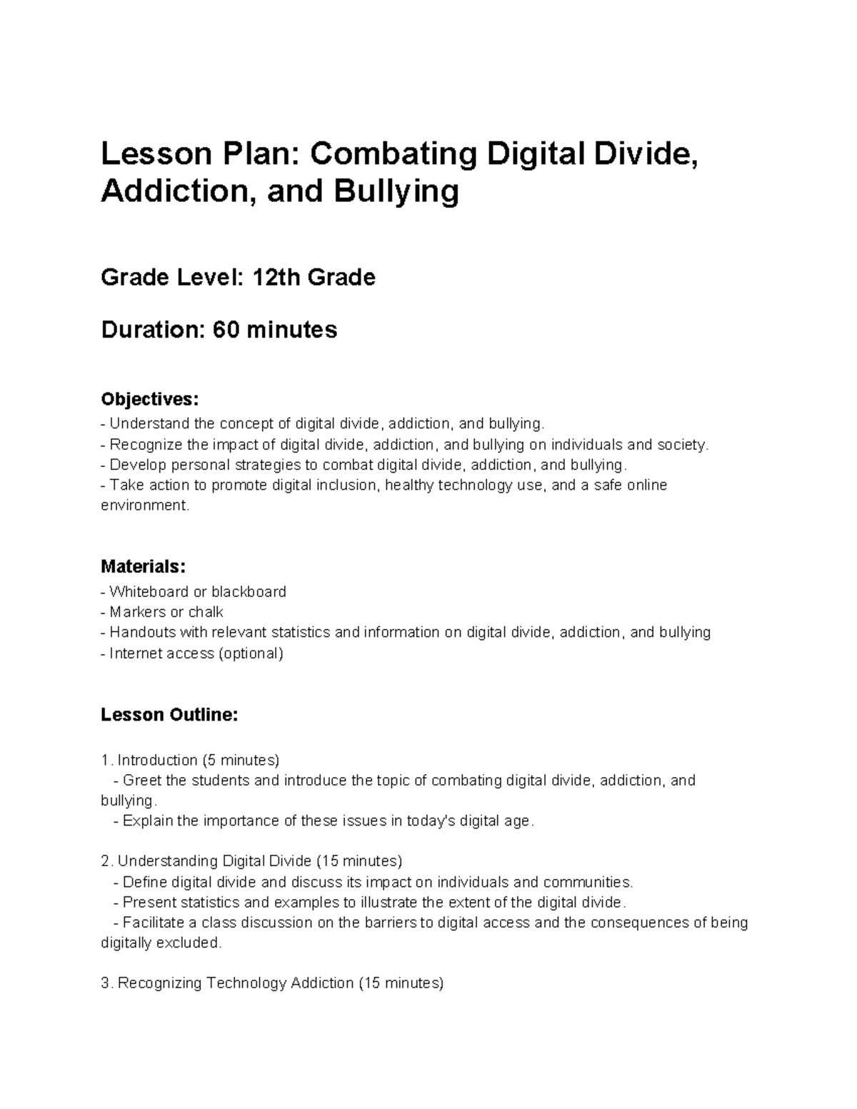 Lesson Plan Combating Digital Divide, Addiction, and Bullying - Lesson Plan: Combating Digital ...