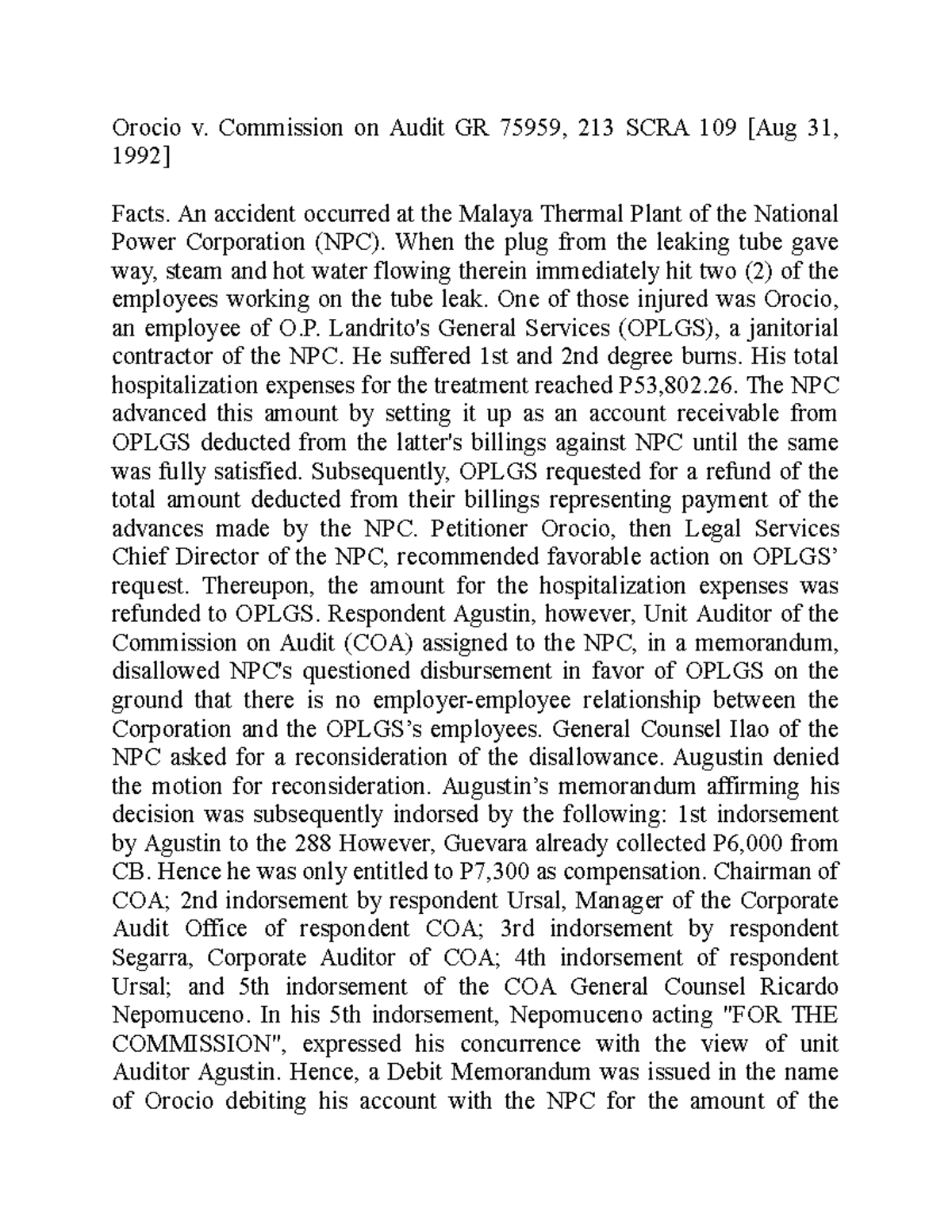 Orocio v - case digest - Orocio v. Commission on Audit GR 75959, 213 ...