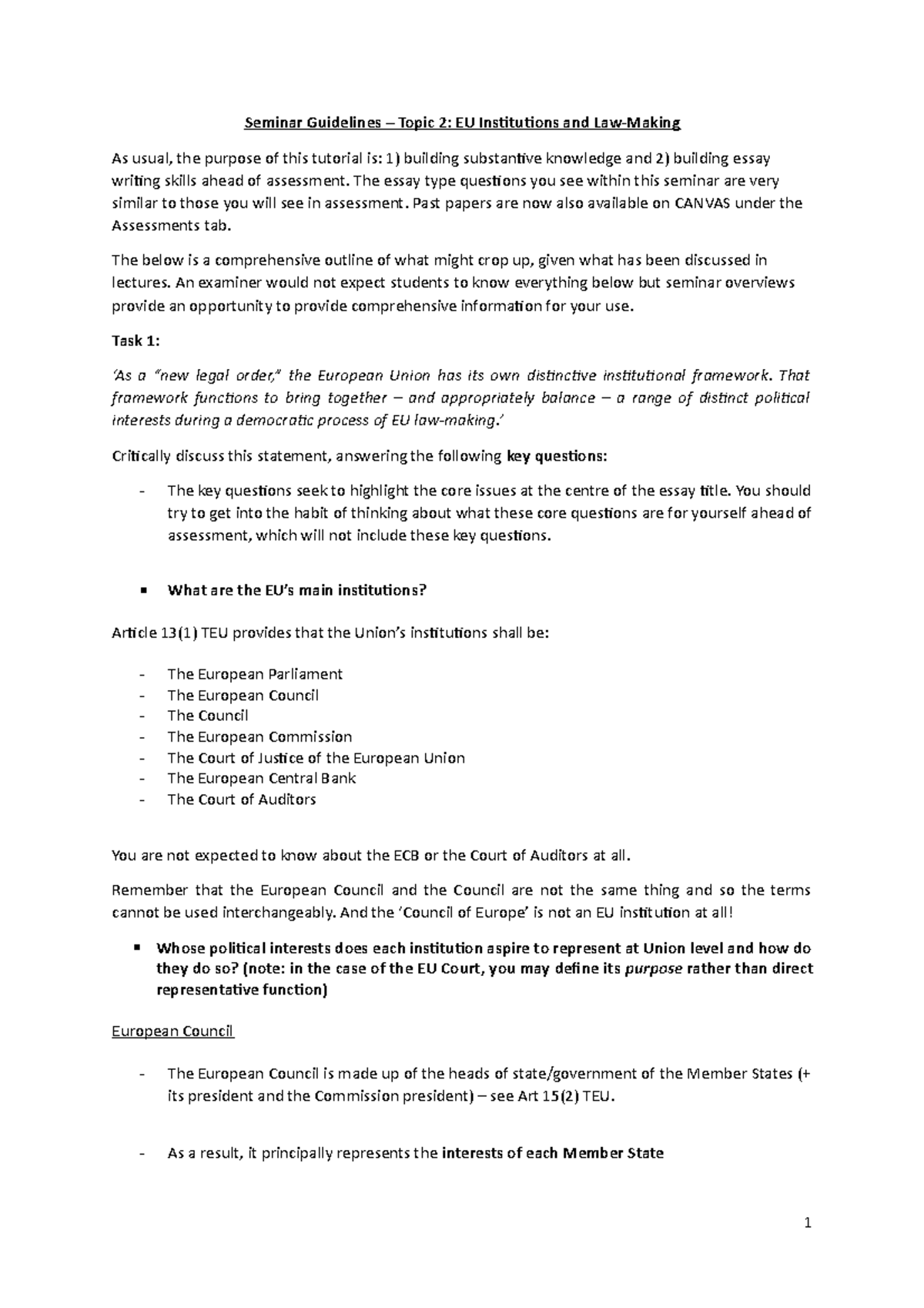 Seminar Overview - Seminar Guidelines – Topic 2: EU Institutions and ...