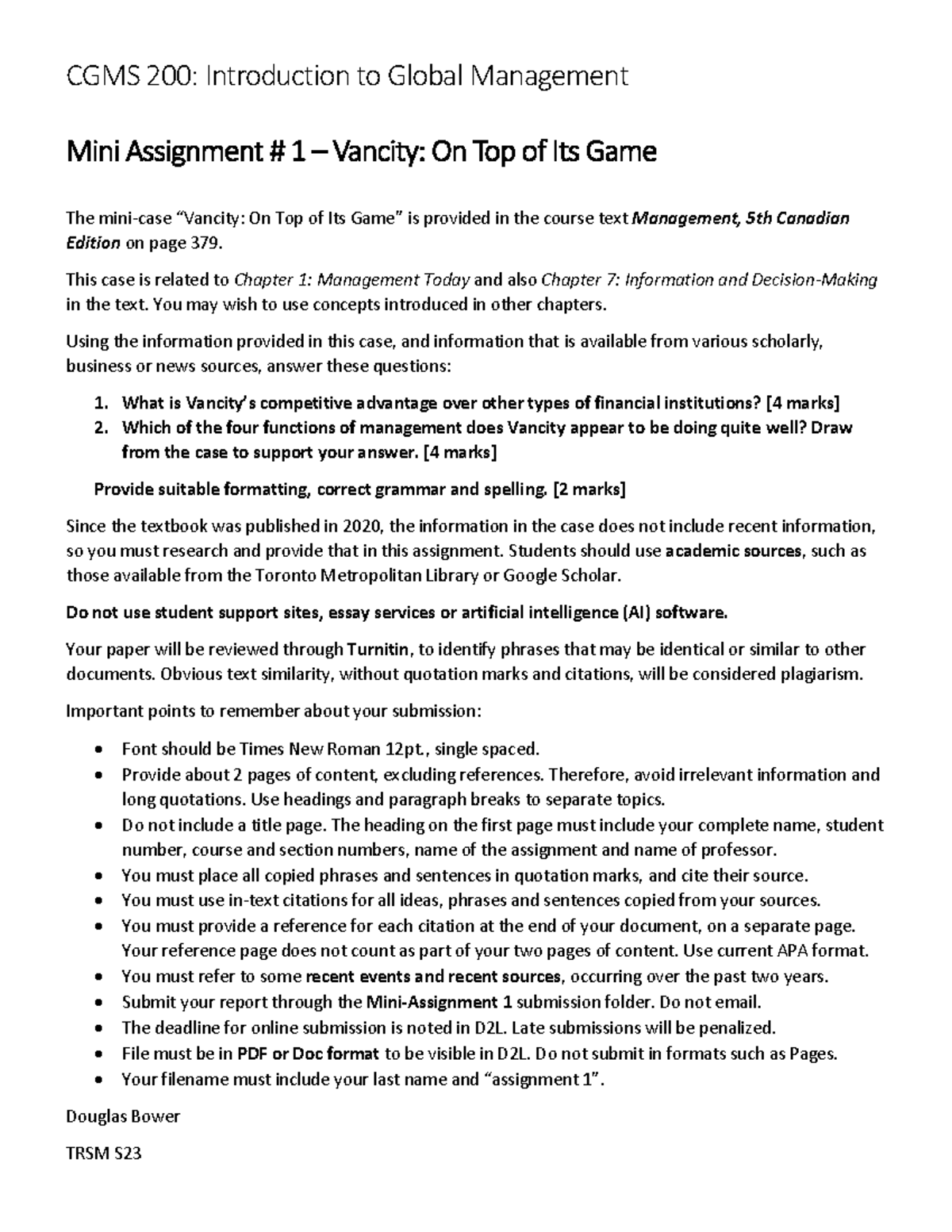CGMS200 Mini Assignment 1 S23 - CGMS 200: Introduction to Global Management Mini Assignment # 1 ...