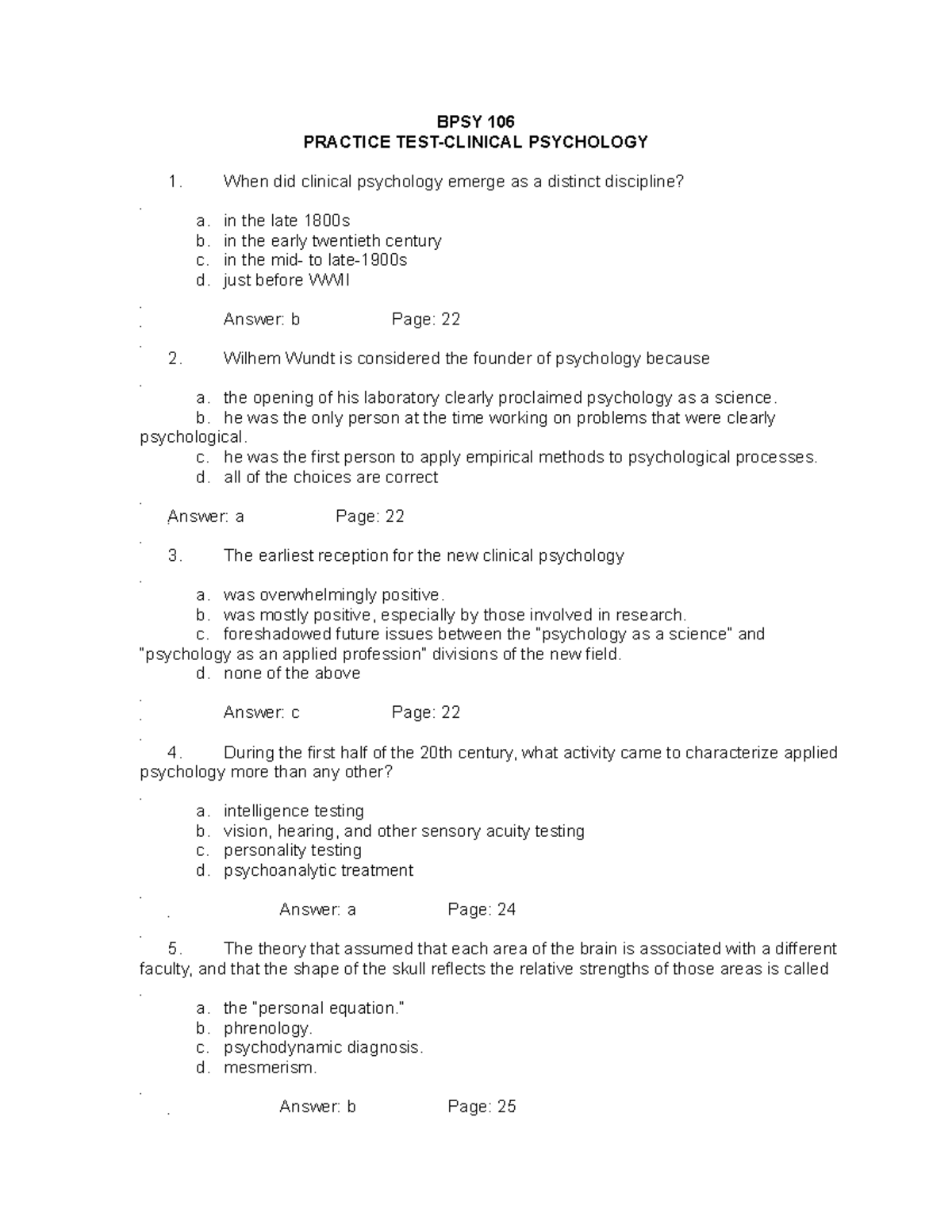 Practice Exam for Clinical Psychology - BPSY 106 PRACTICE TEST-CLINICAL ...