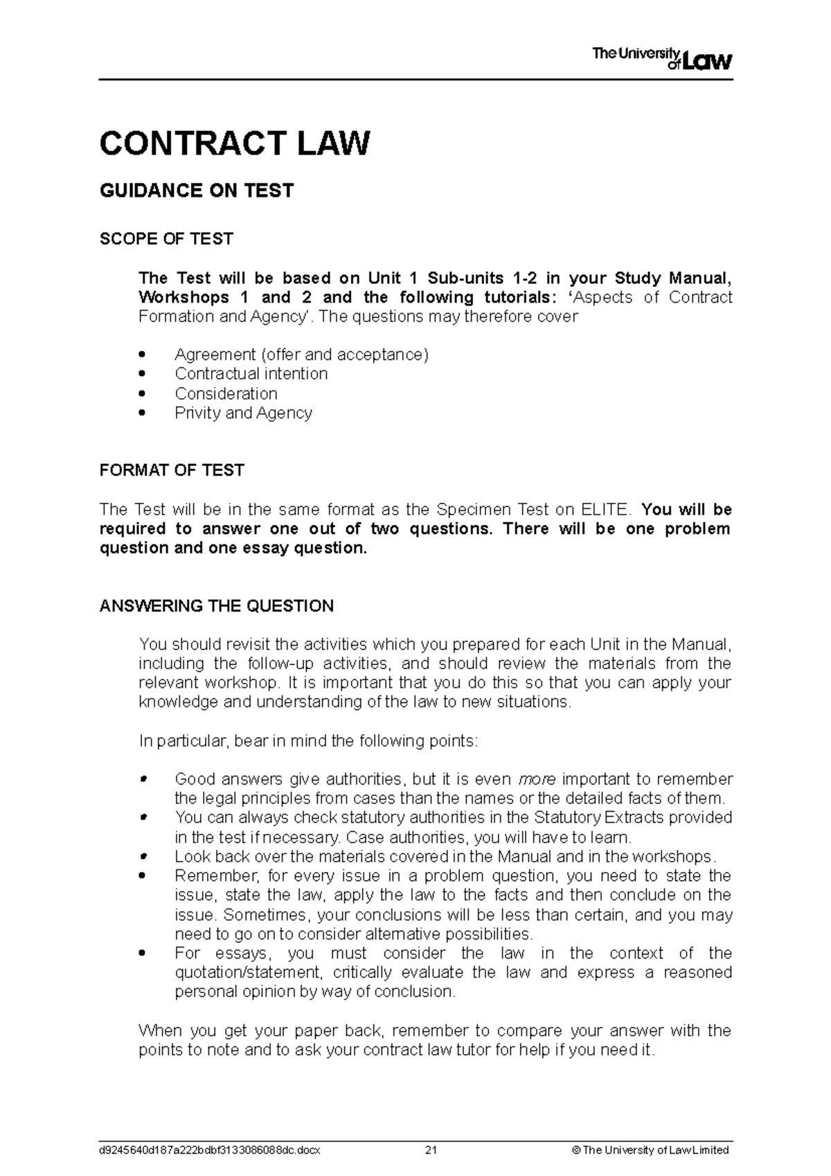 Guidance on Mock - CONTRACT LAW GUIDANCE ON TEST SCOPE OF TEST The Test ...
