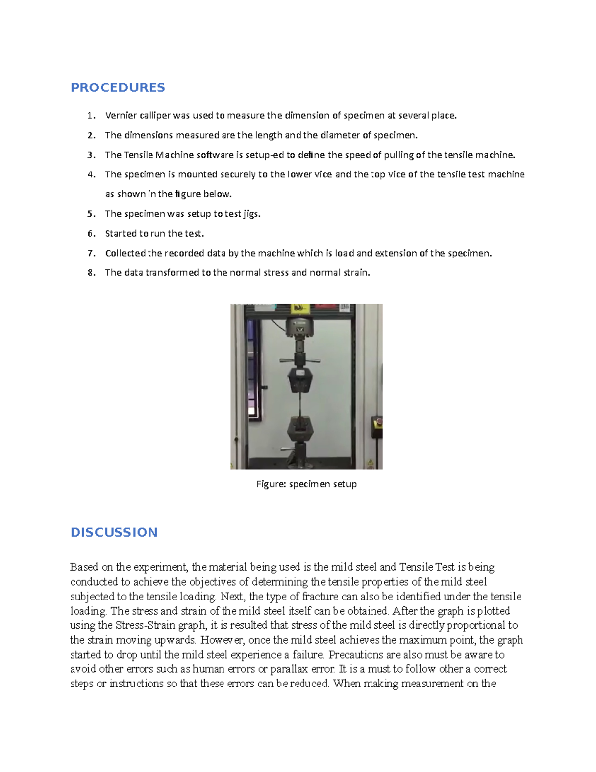 Tensile test prosedure - PROCEDURES Vernier calliper was used to ...