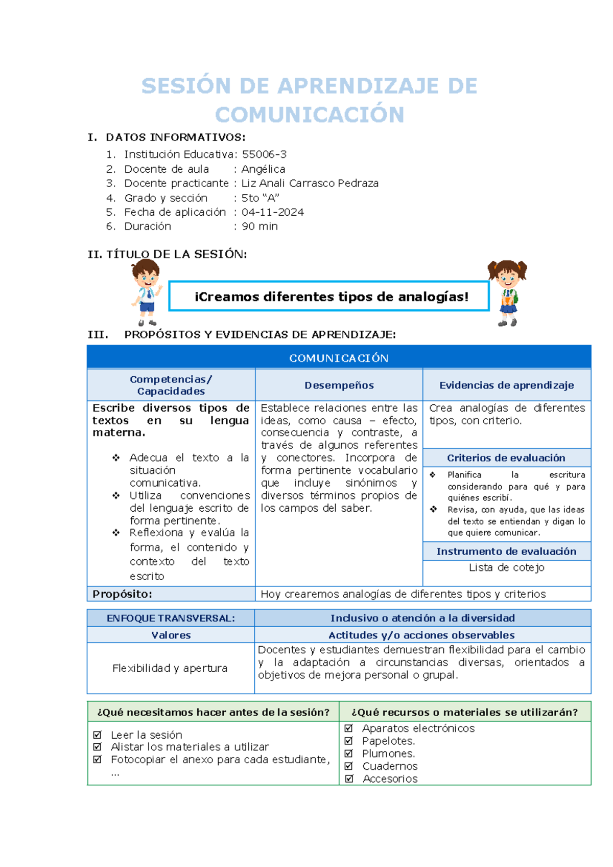 Sesión DE Aprendizaje DE Comunicación - SESIÓN DE APRENDIZAJE DE COMUNICACIÓN I. DATOS ...