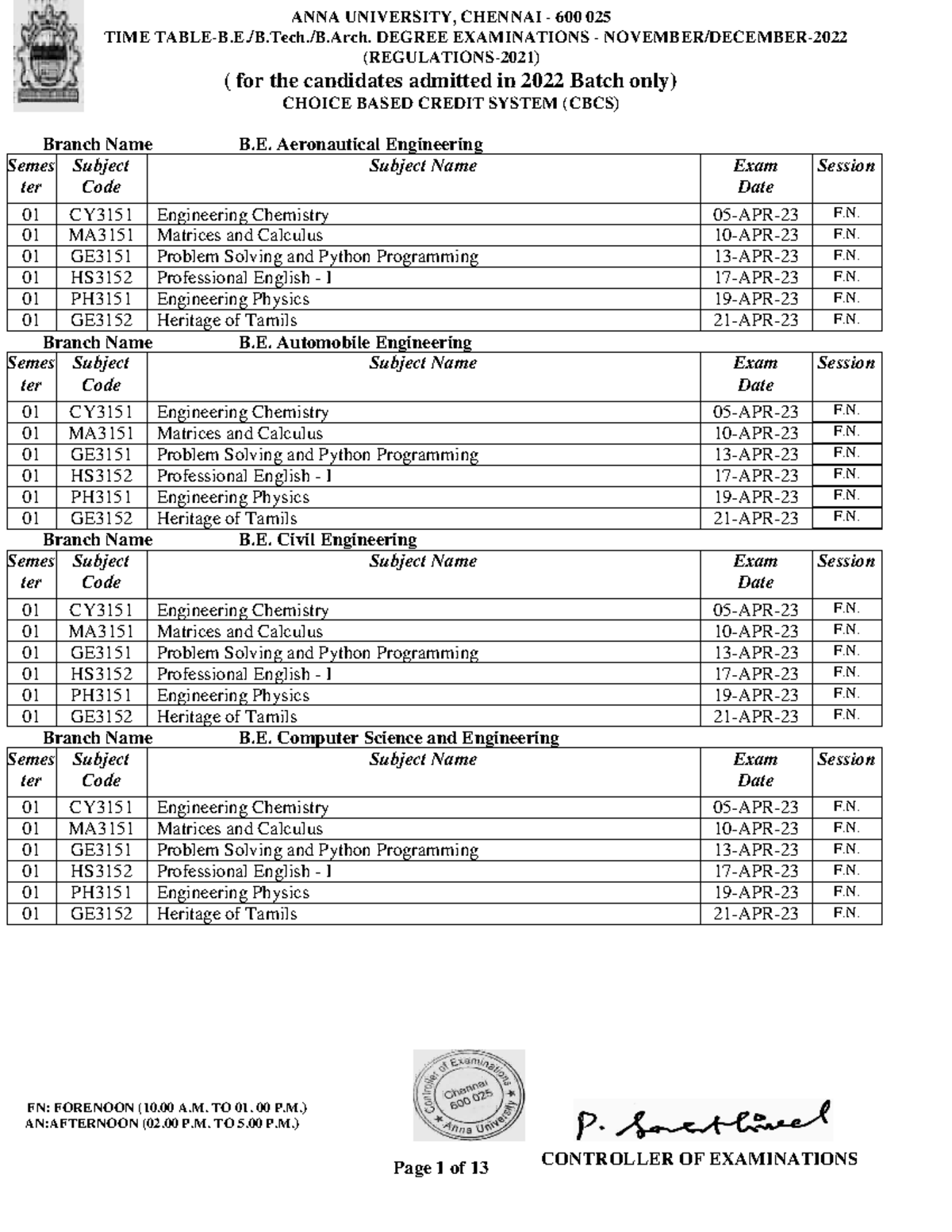 Stucor R2021 Timetable 1SEM - CONTROLLER OF EXAMINATIONS TIME TABLE-B.E./B.Tech./B. DEGREE - Studocu