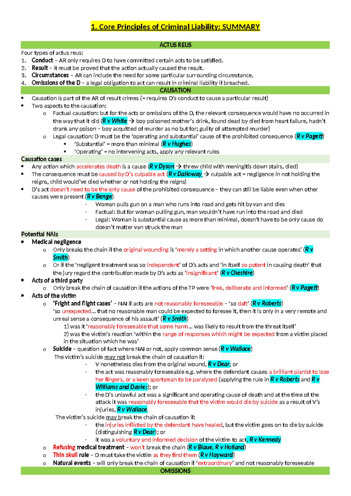 Criminal Revision Notes ALL - 1. Core Principles of Criminal Liability ...