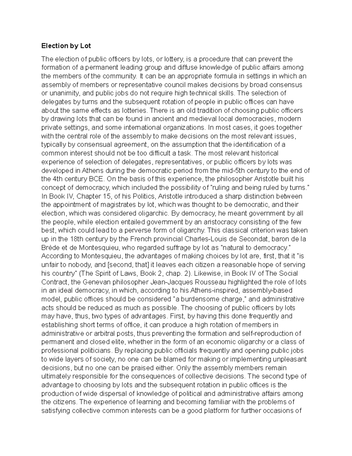 Election by Lot - Election by Lot The election of public officers by ...