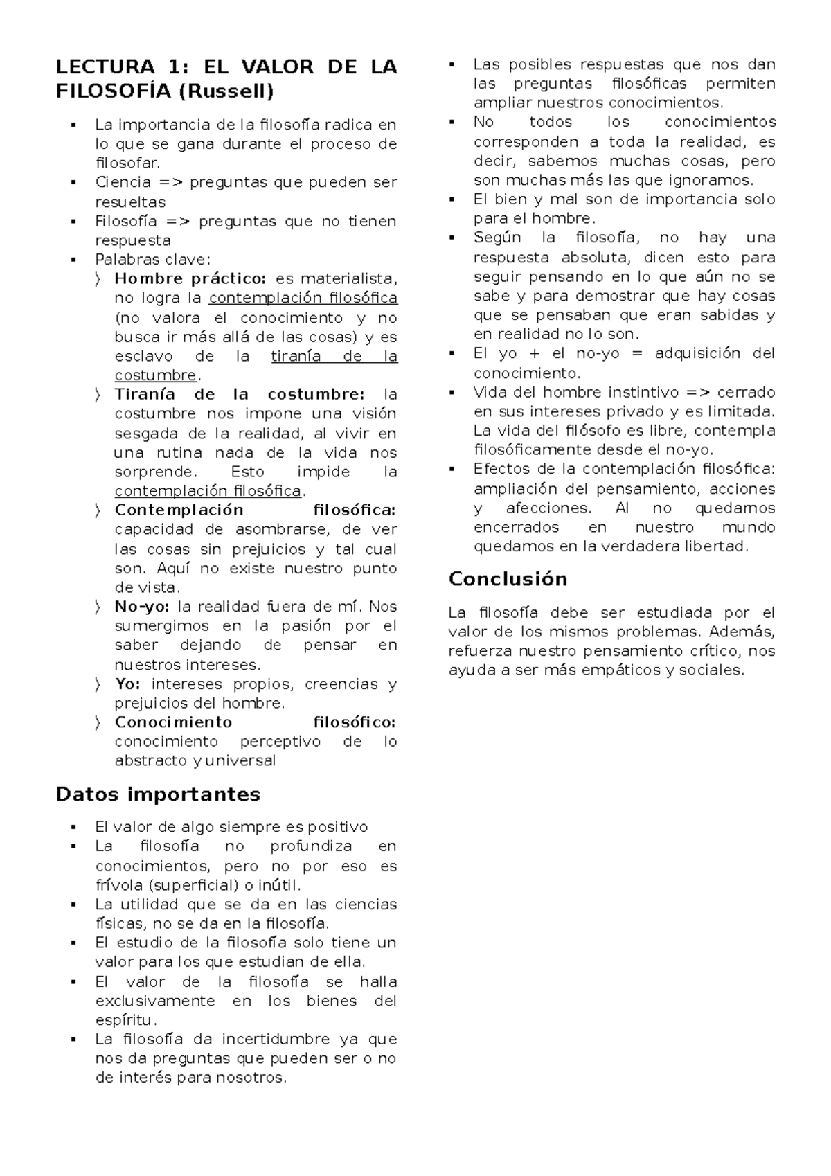 Resúmenes de lecturas - hisui - LECTURA 1: EL VALOR DE LA FILOSOFÍA ...