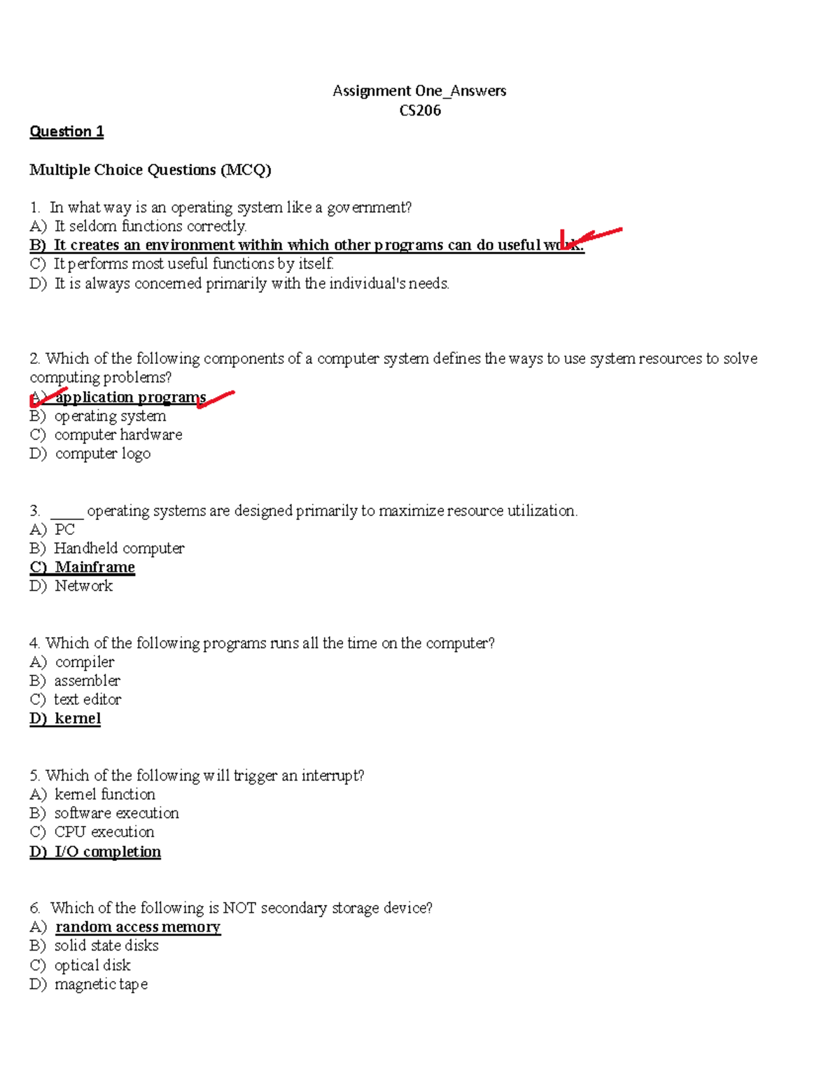 Assignment One Answers - Assignment One_Answers CS Ques%on 1 Multiple ...