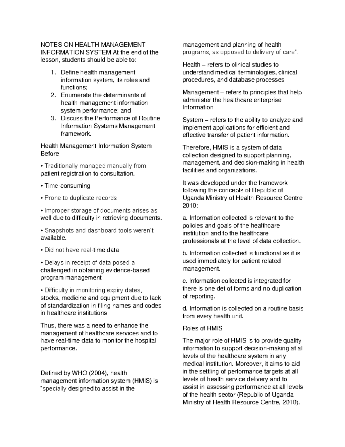 HIS- Final - HIS - NOTES ON HEALTH MANAGEMENT INFORMATION SYSTEM At the ...