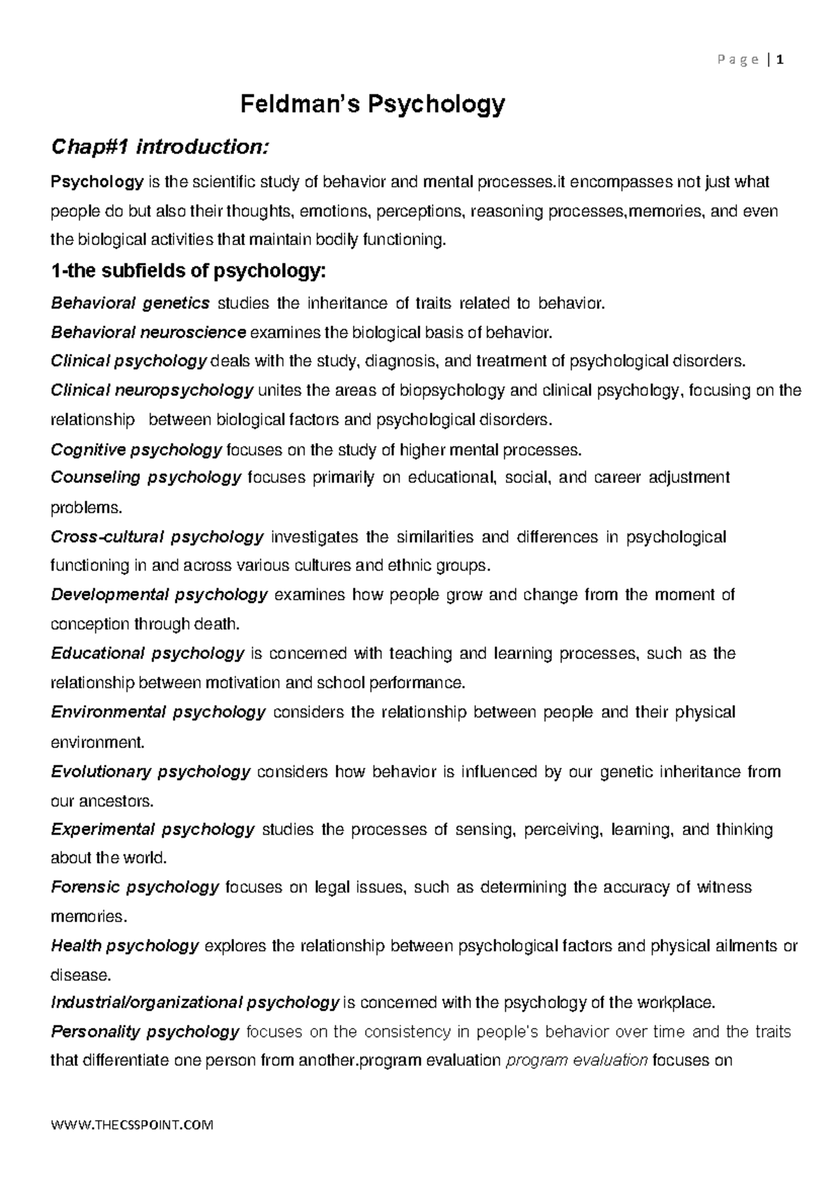 Definitions and short notes of Robert feldman s Psychology - Feldman’s ...